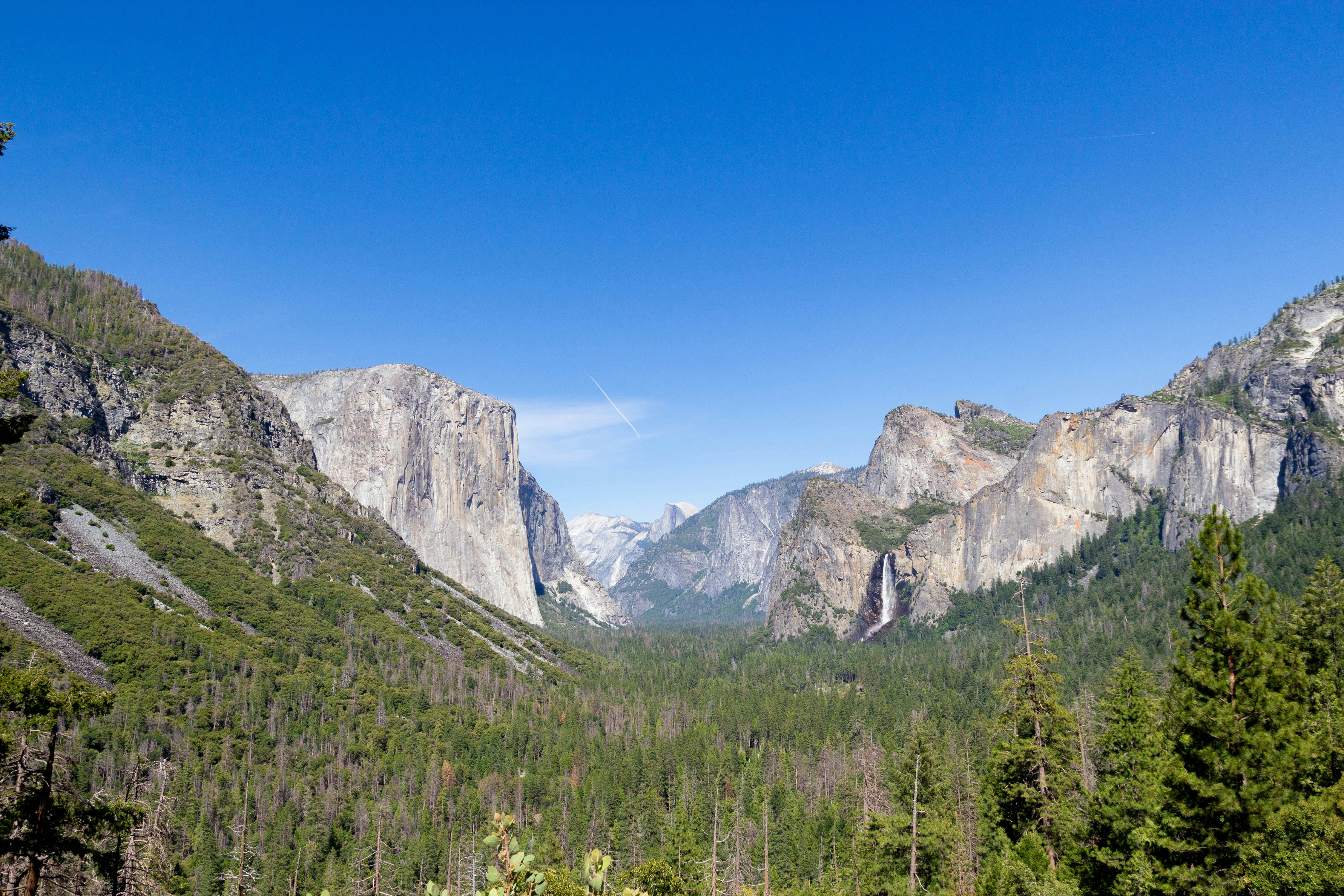 This breathtaking image captures the iconic Yosemite Valley, dominated by the towering granite cliffs and lush greenery. The vibrant blue sky contrasts beautifully with the rugged textures of El Capitan and the distant peaks, creating a serene and awe-inspiring atmosphere. The natural lighting highlights the intricate details of the landscape, making it a visually captivating scene.
