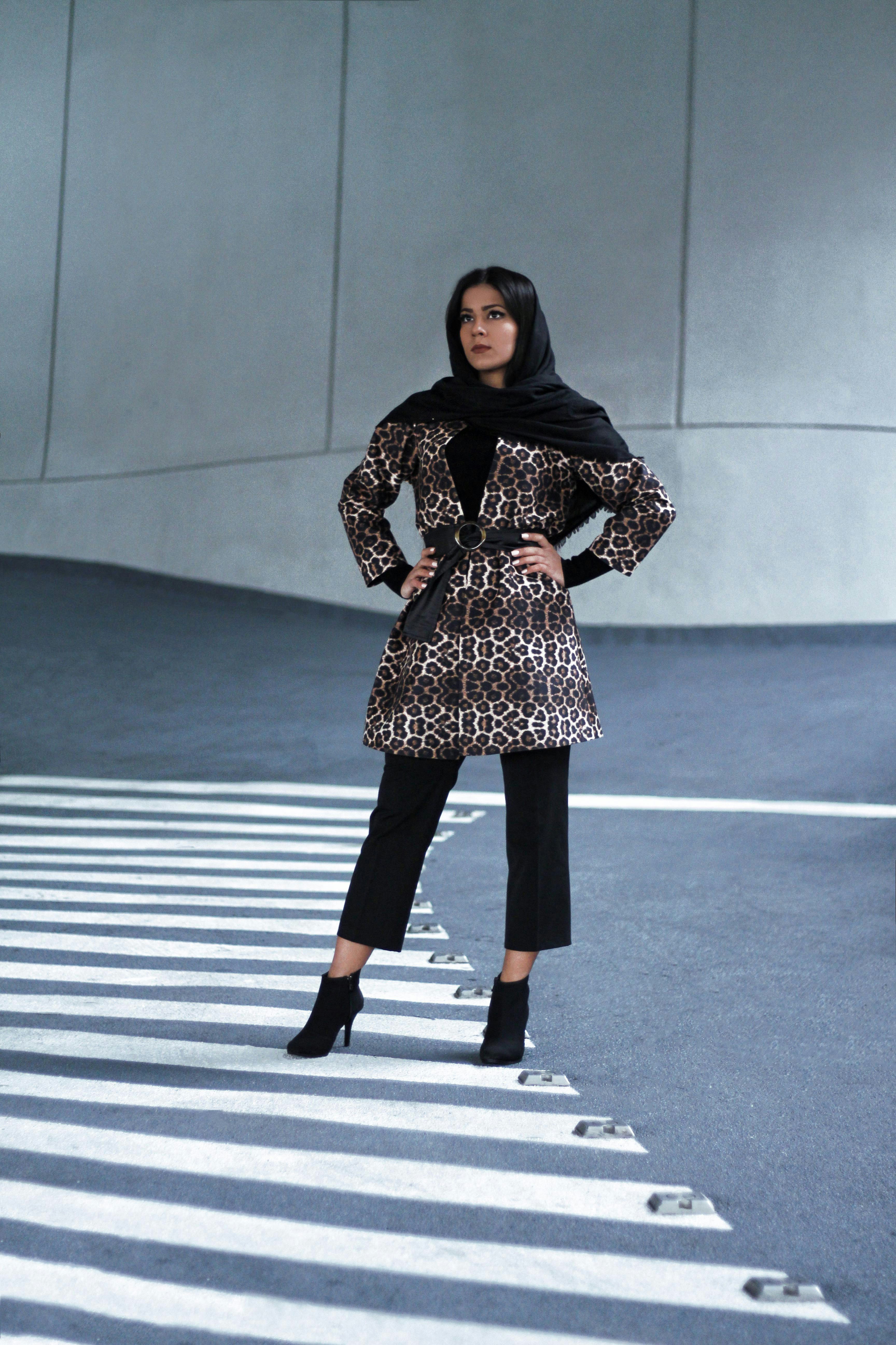 Leopard Print Confidence in Urban Street Crossing