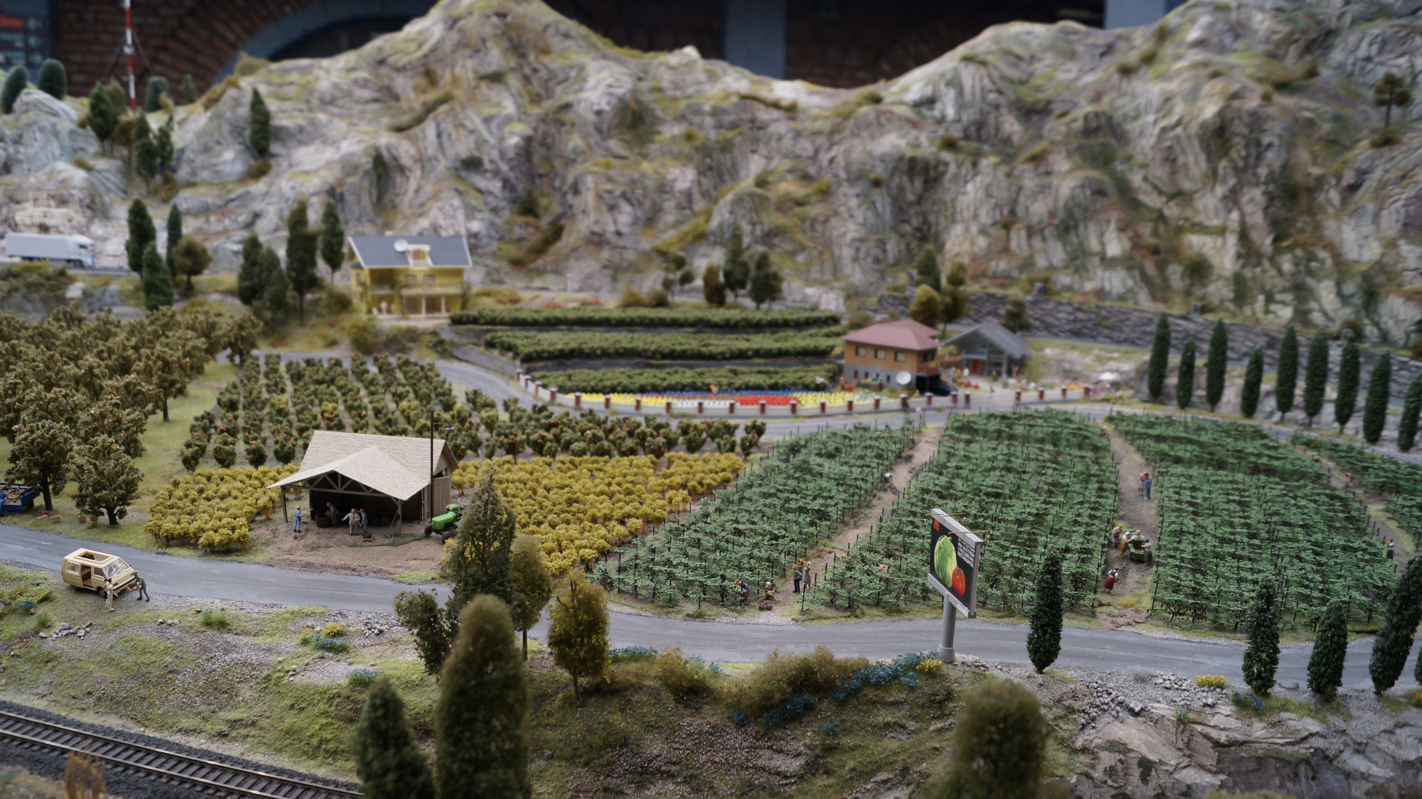 Terraced Horizon: A miniature hillside landscape with a winding road and a red car