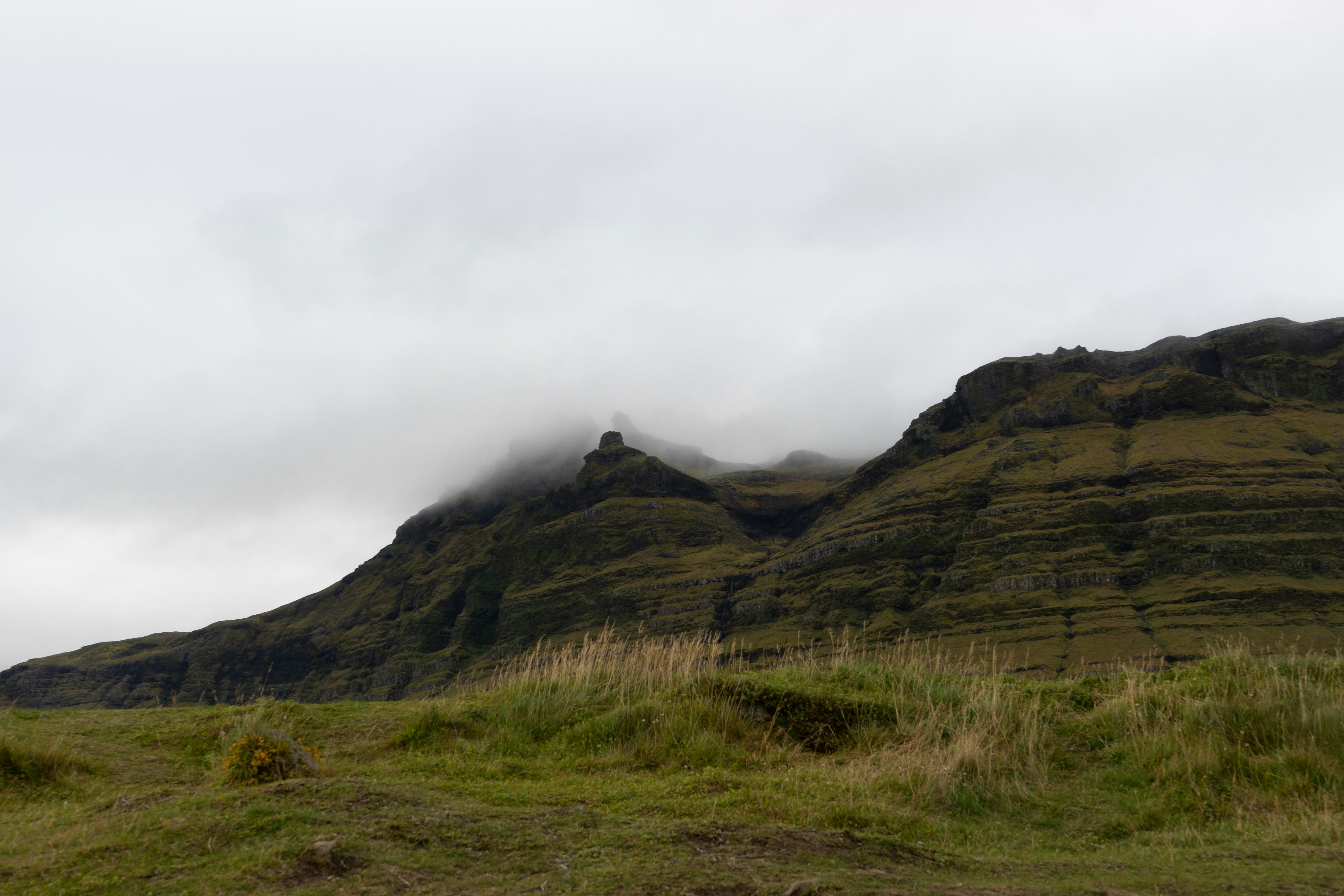 Misty highlands with rugged terrain and grass swaying gently in the foreground, hinting at the mysteries hidden in the clouds above.