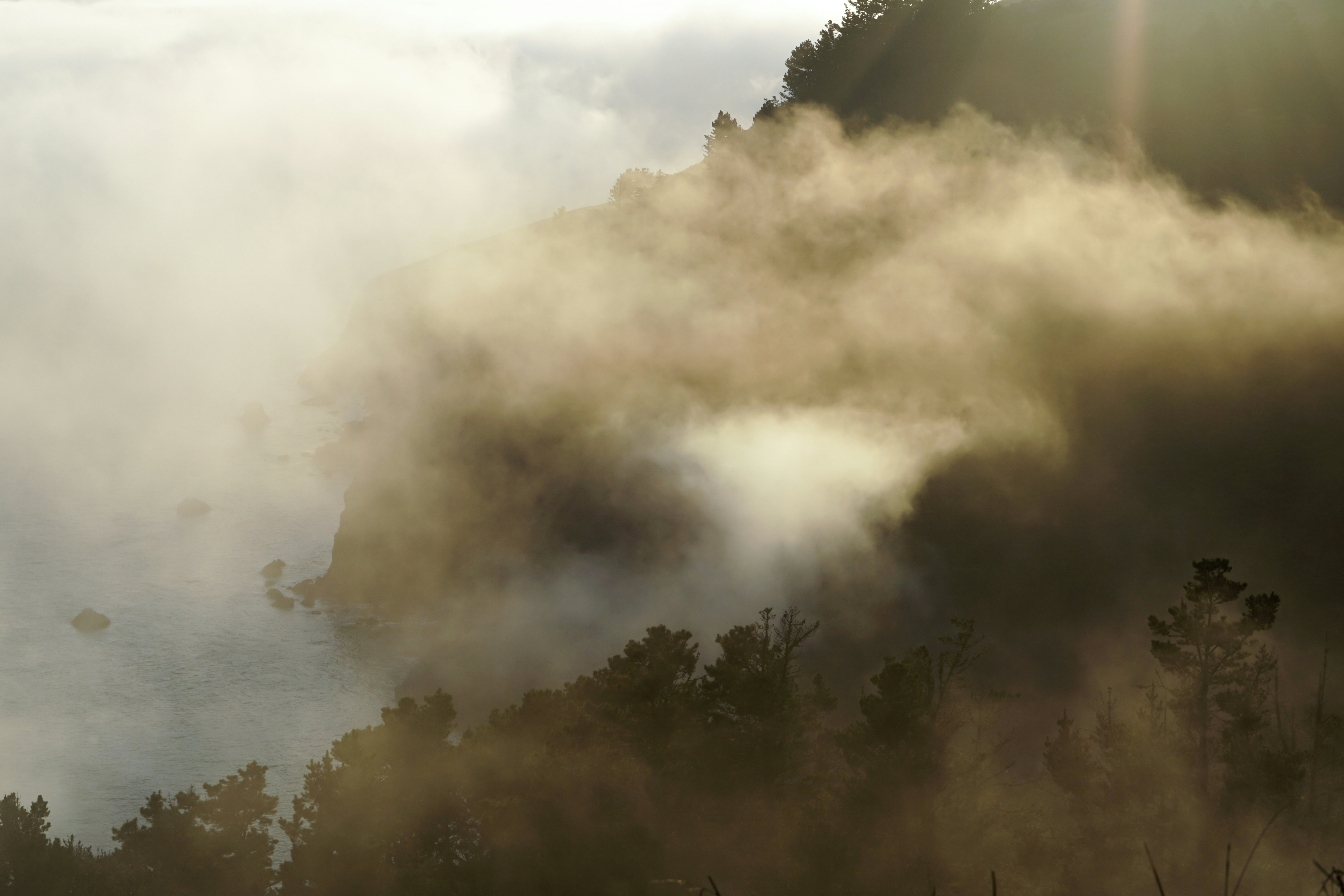Mist-veiled cliffs over a quiet coastline
