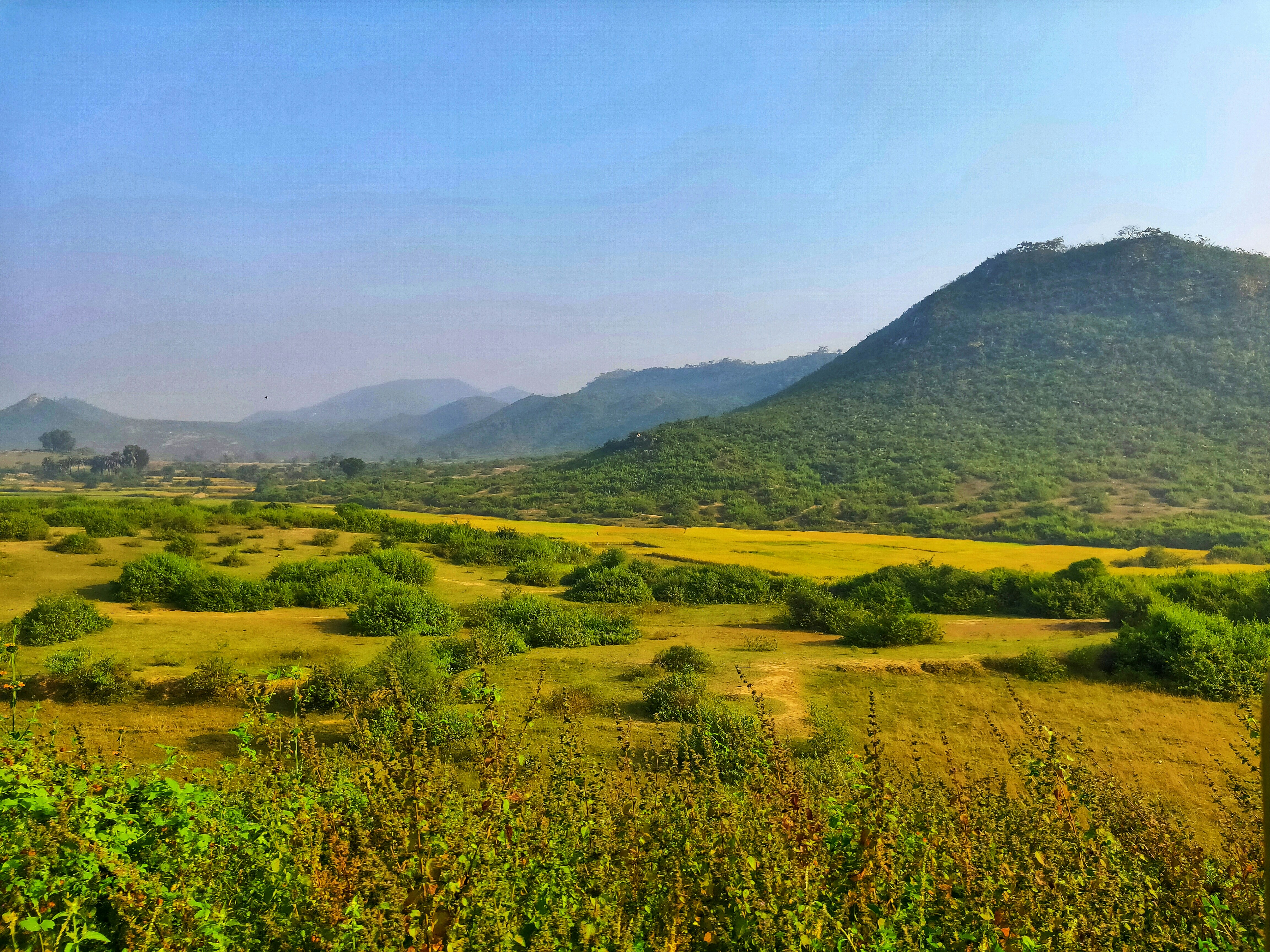 Vibrant green hills and rolling fields create a serene landscape under a clear blue sky. The scene captures the essence of rural tranquility.