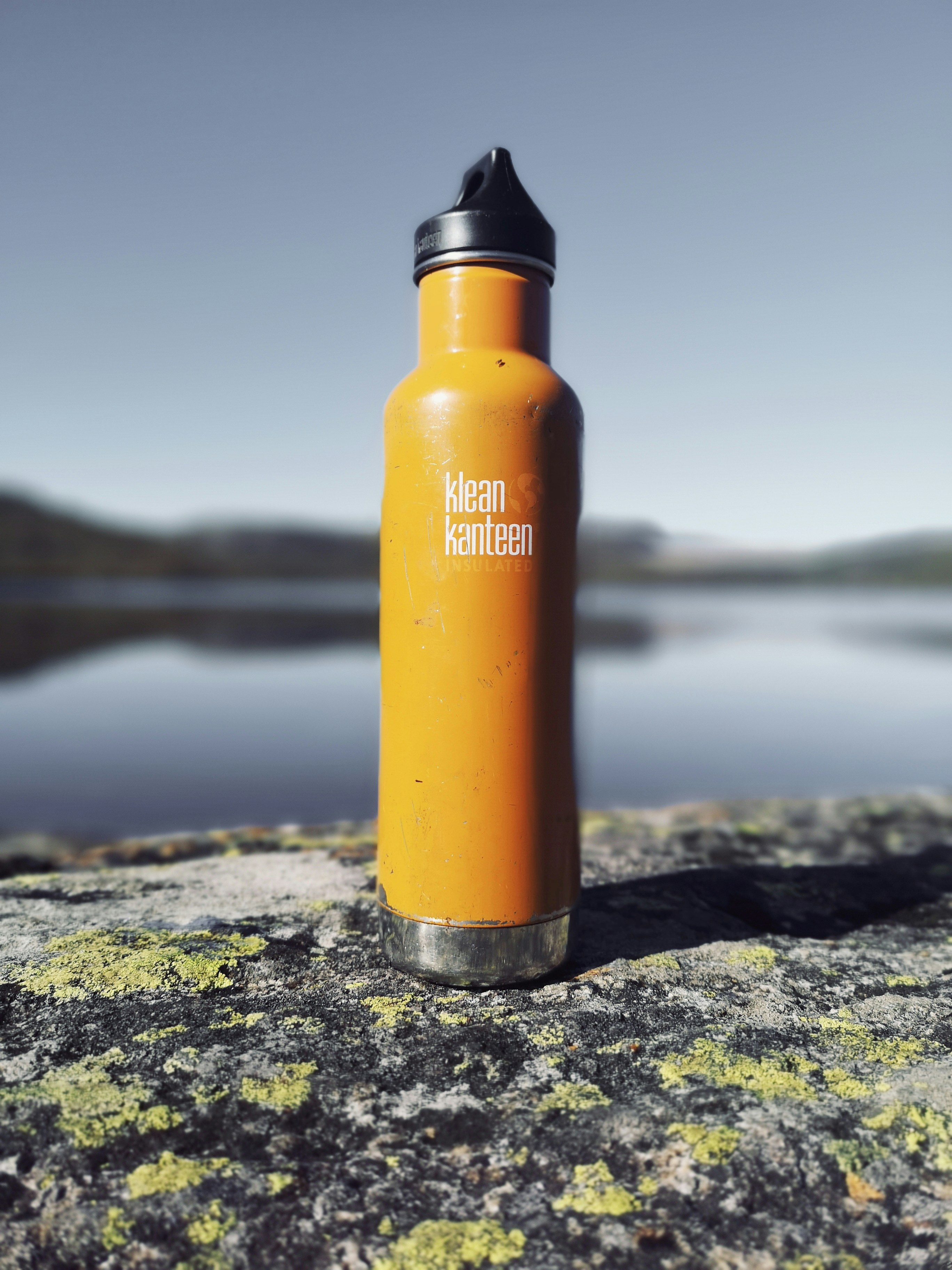 Bright orange water bottle resting on a mossy rock, with a serene lake and mountains in the background.