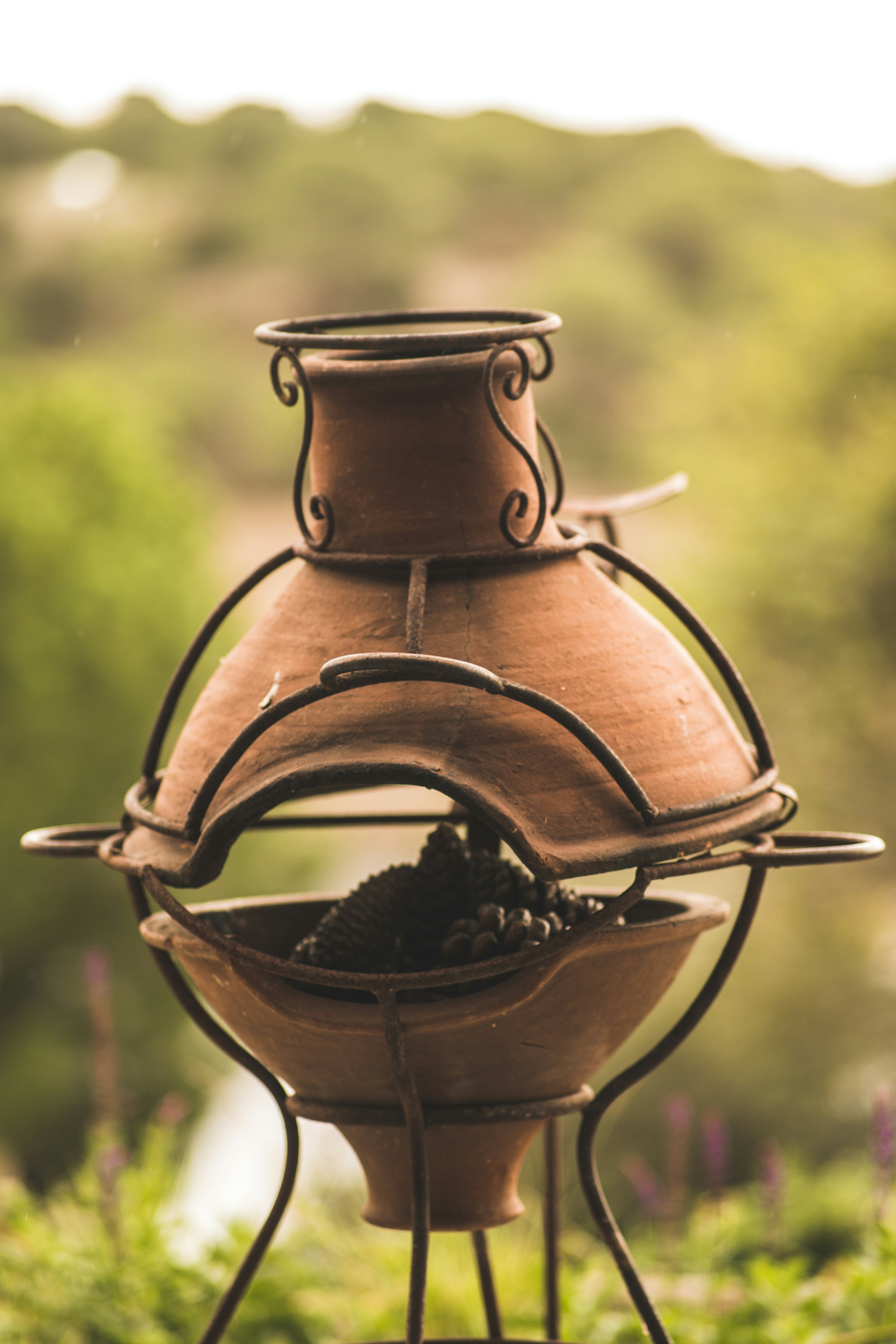 A terracotta pot adorned with intricate ironwork, holding pine cones, set against a lush green backdrop. The focus on the pot highlights its craftsmanship.