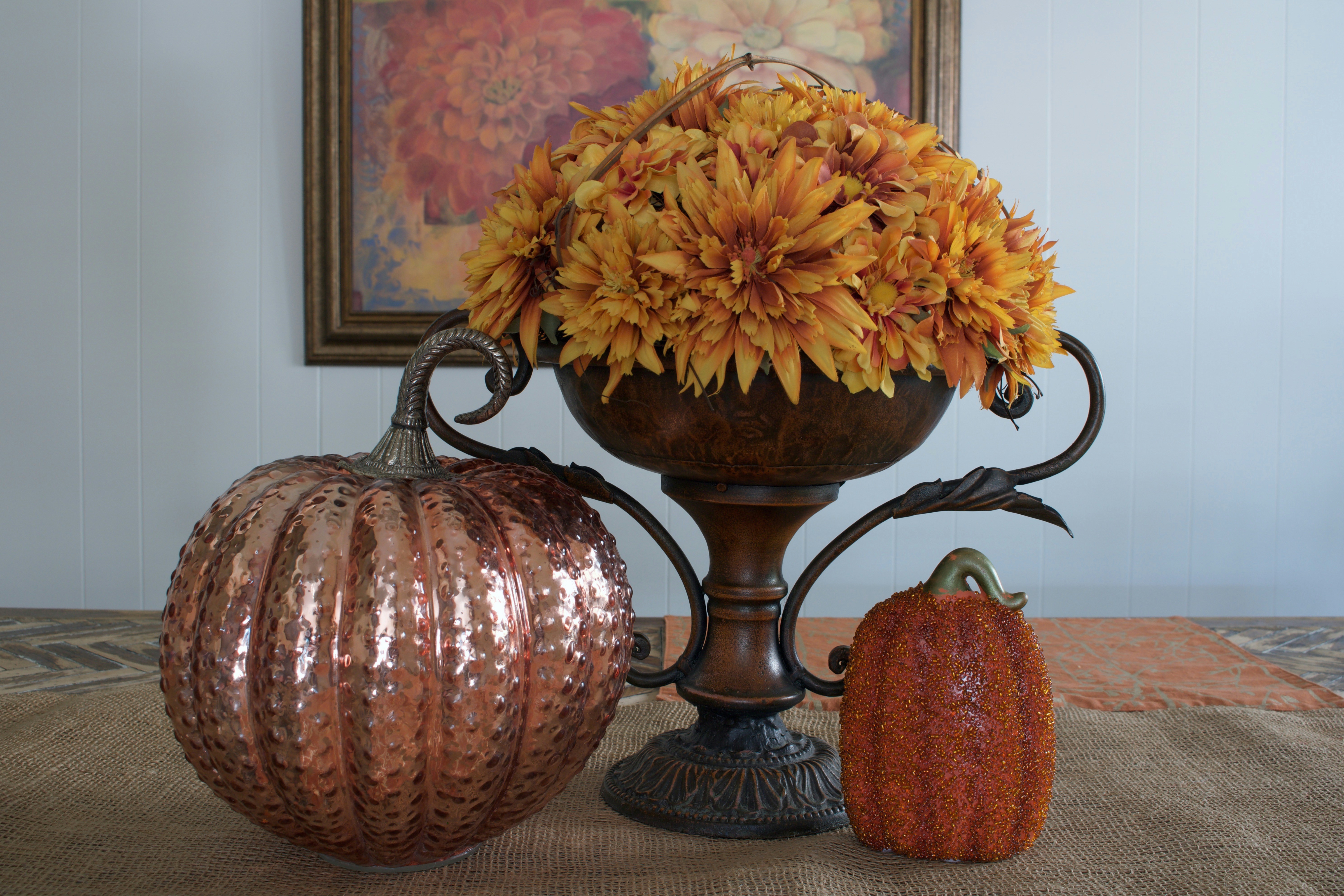 Autumn Still Life: Golden Chrysanthemums Framing a Copper Pumpkin