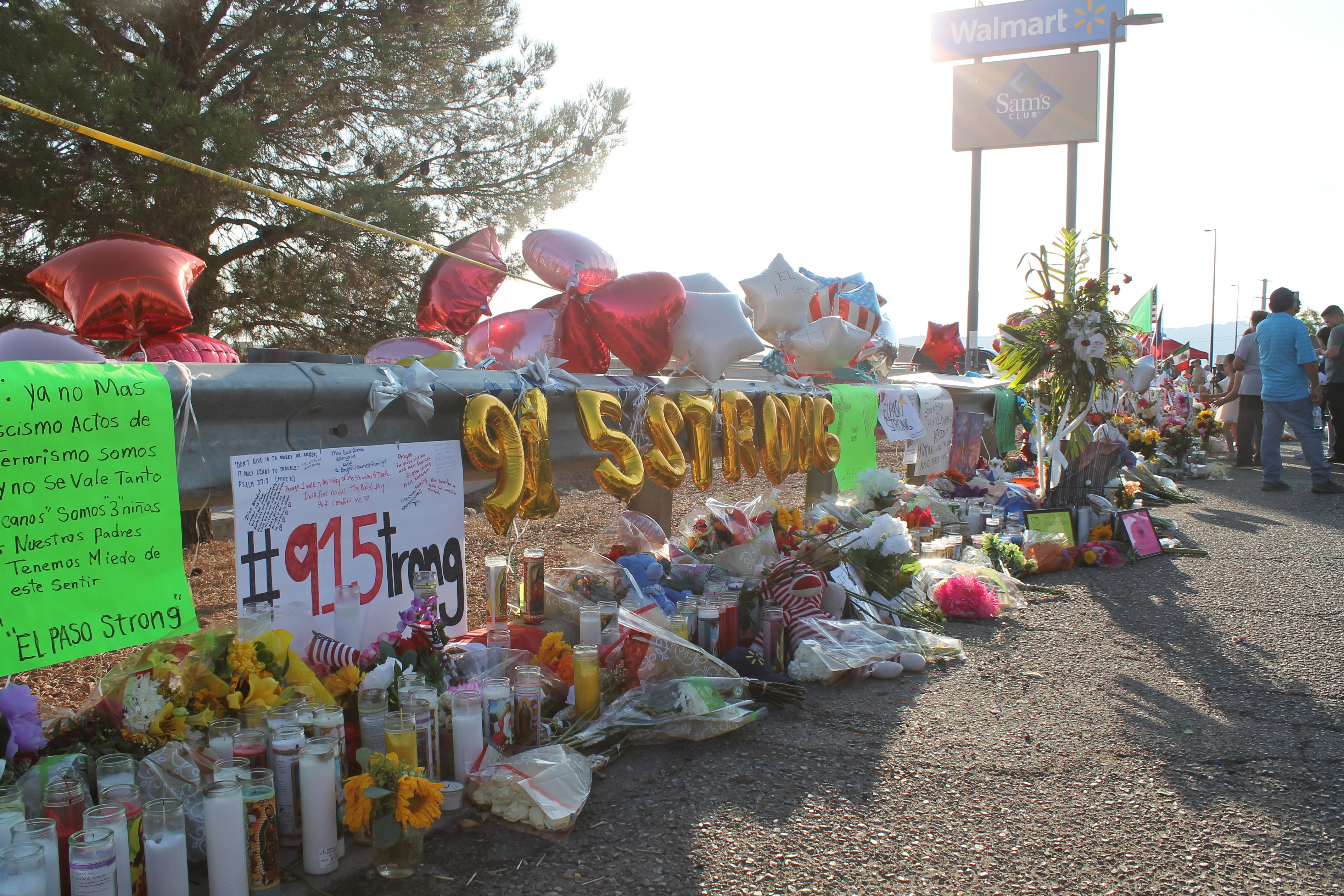 A collection of flowers, balloons, and signs arranged along a roadside memorial under the midday sun.