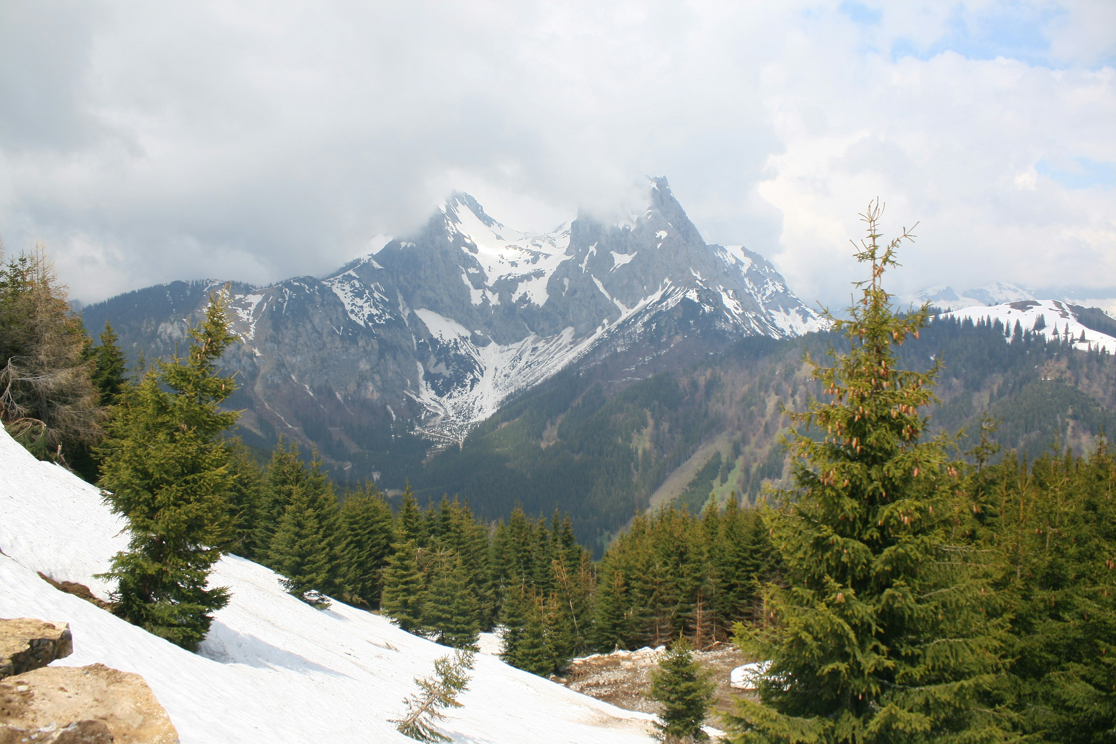 Snow-capped mountains rise above a forested landscape under a partly cloudy sky.