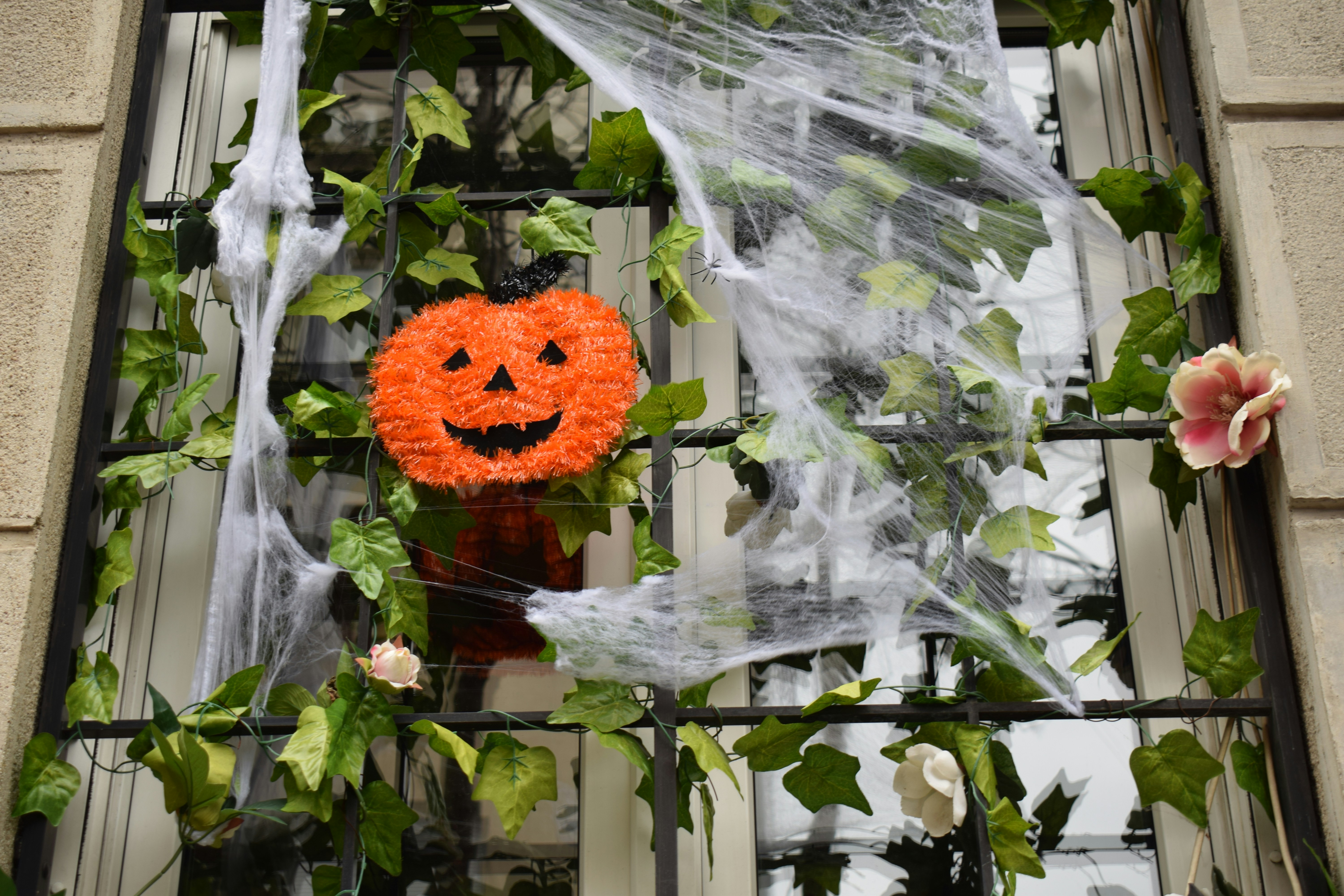 Pumpkin grins from a cobweb-draped window garden