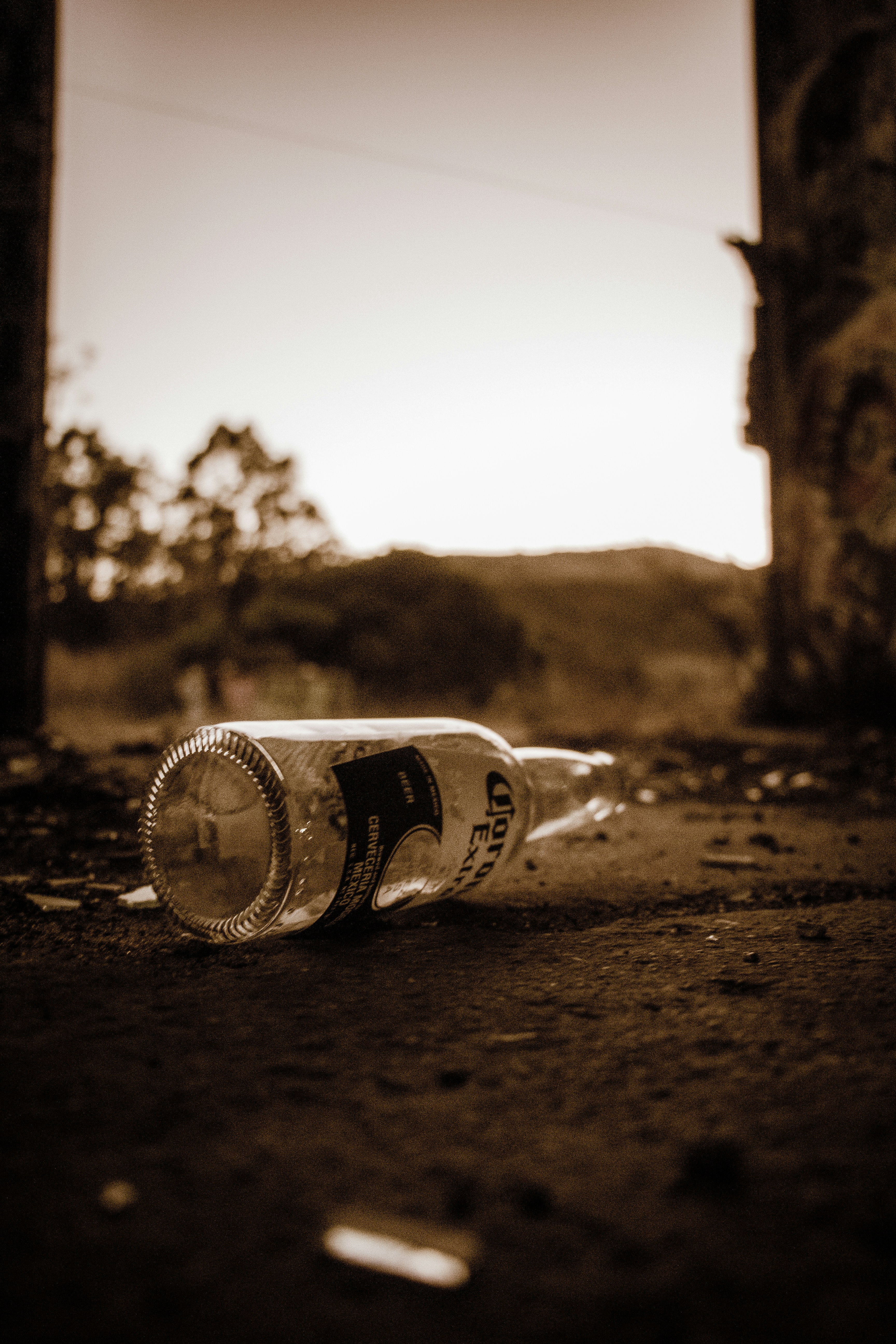 Lone Bottle on a Debris-Strewn Ground in Sepia