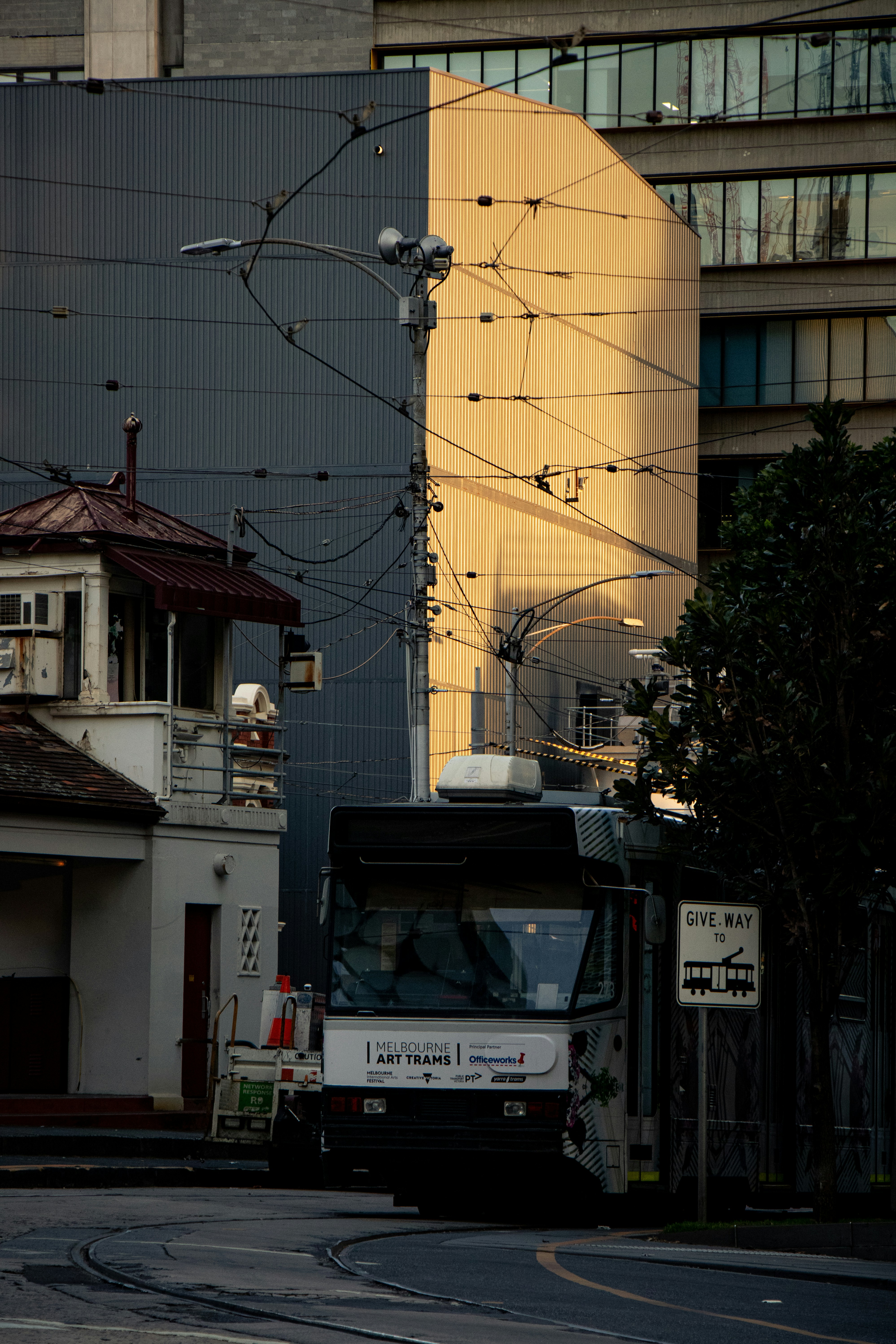 Melbourne Art Trams under a web of cables at golden hour