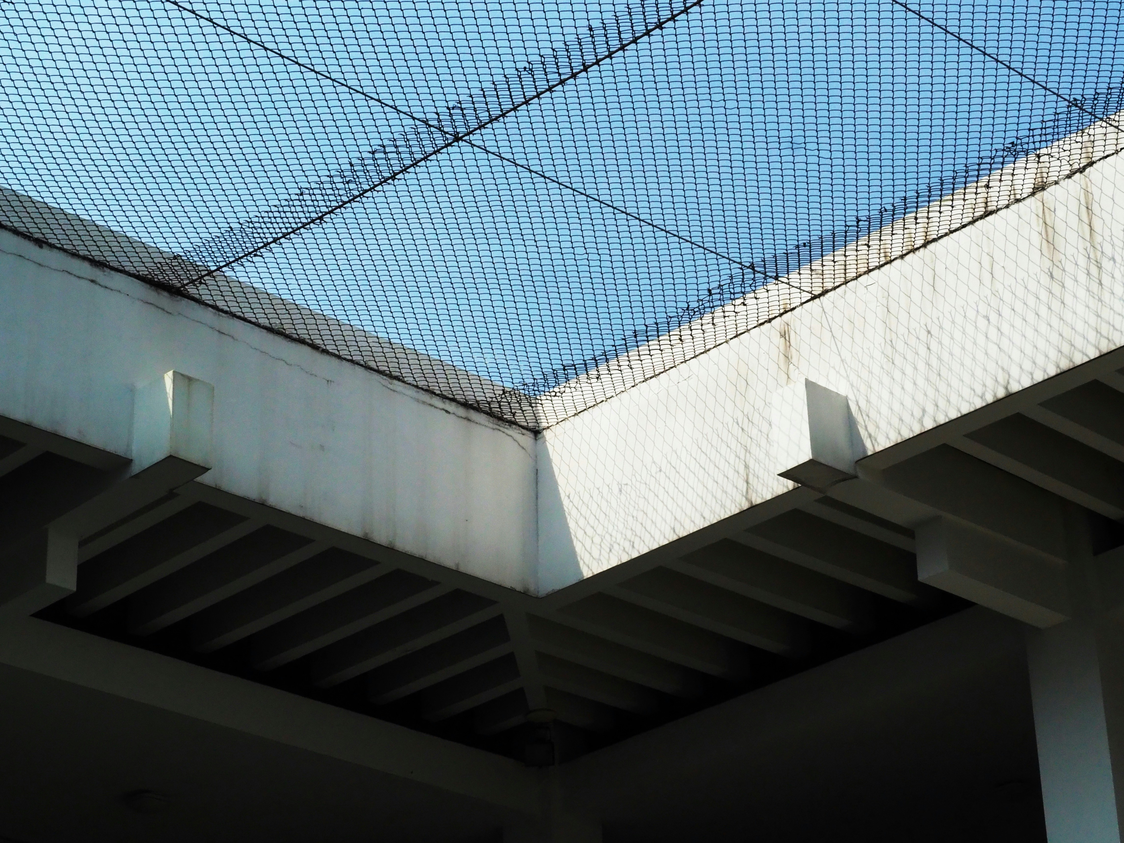 Geometric interplay of beams and netting beneath a bright blue sky, showcasing modern architectural design elements.