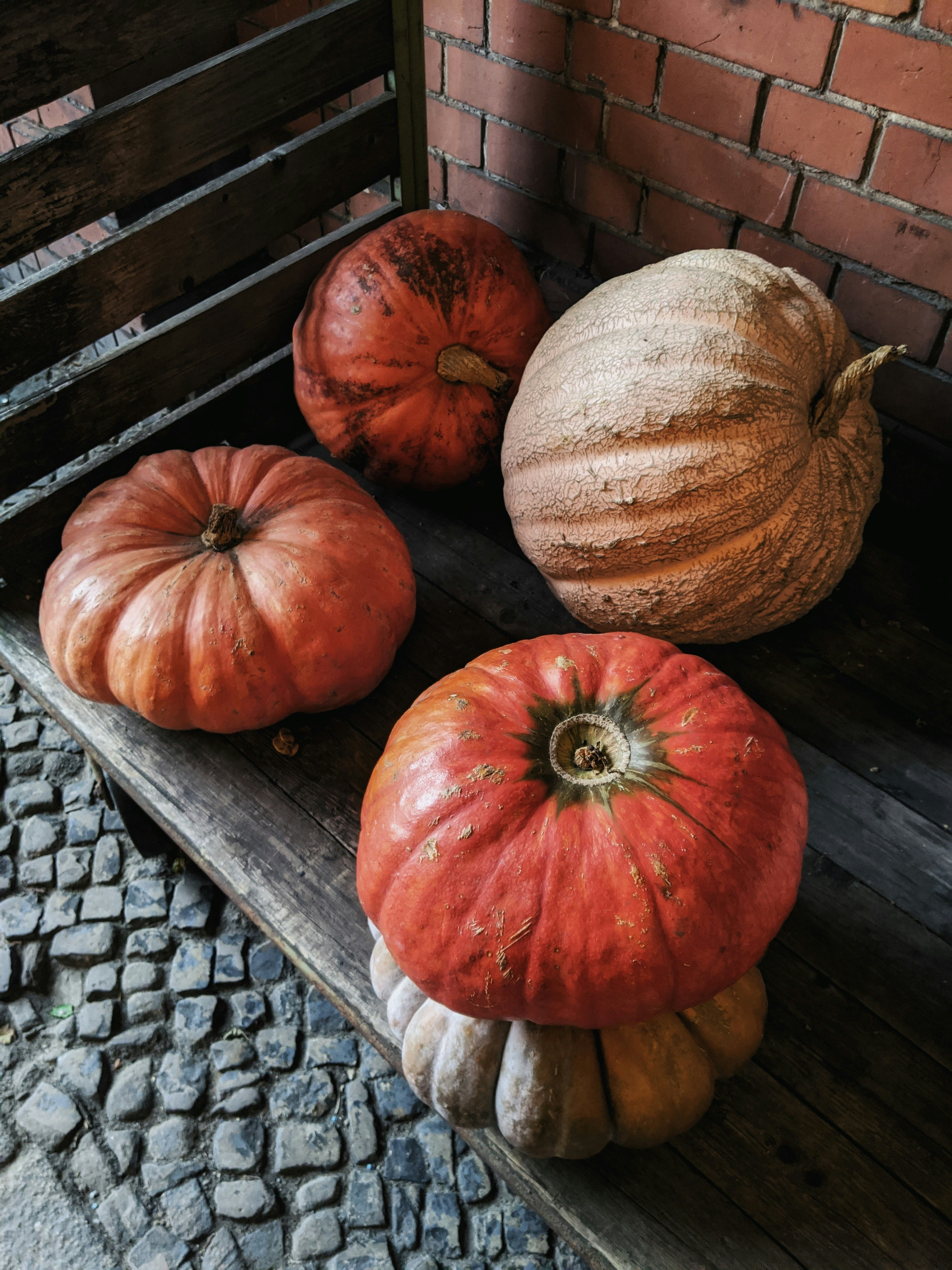 Autumn's Palette on Weathered Wood: Pumpkins by a Brick Wall