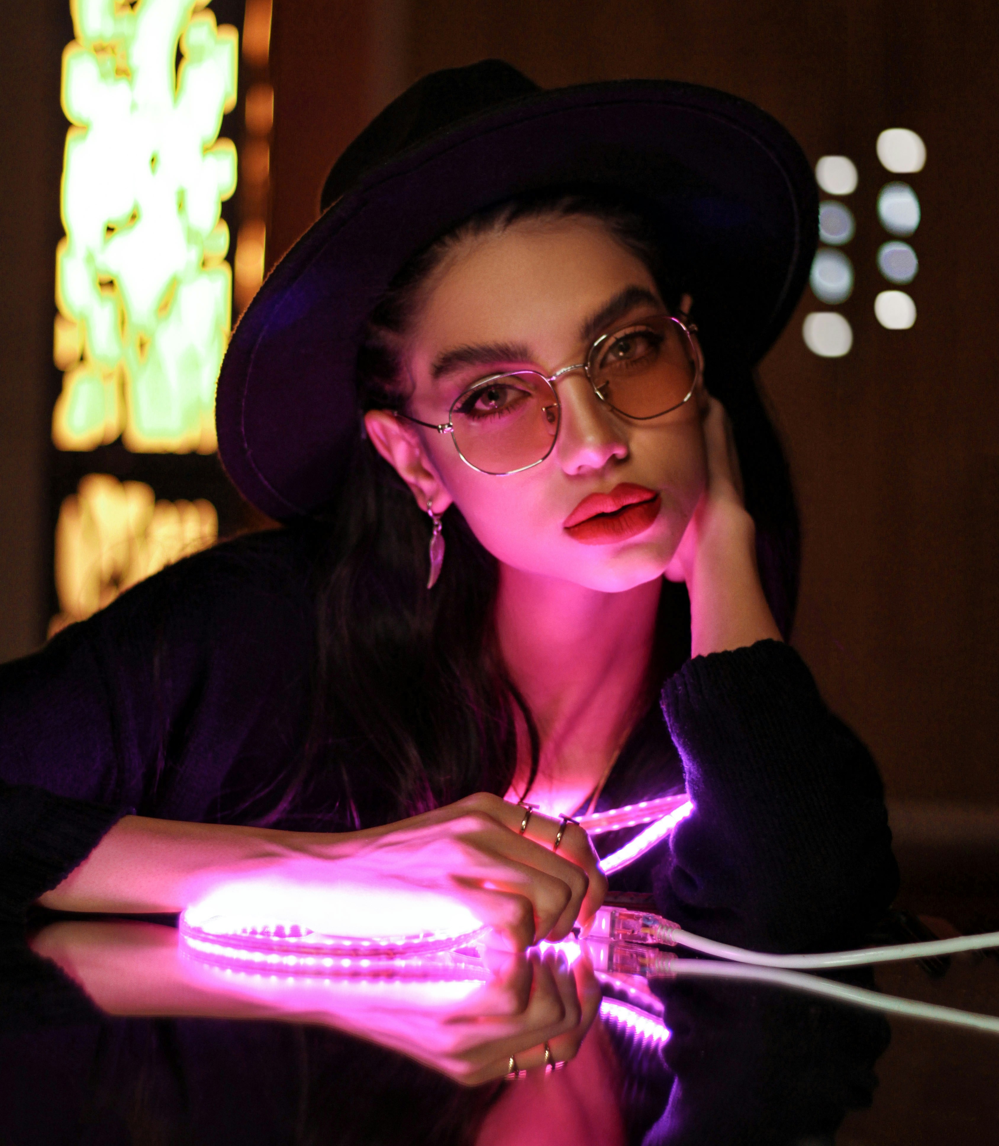 Neon Whisper Portrait: Velvet Night Bathed in Pink Light