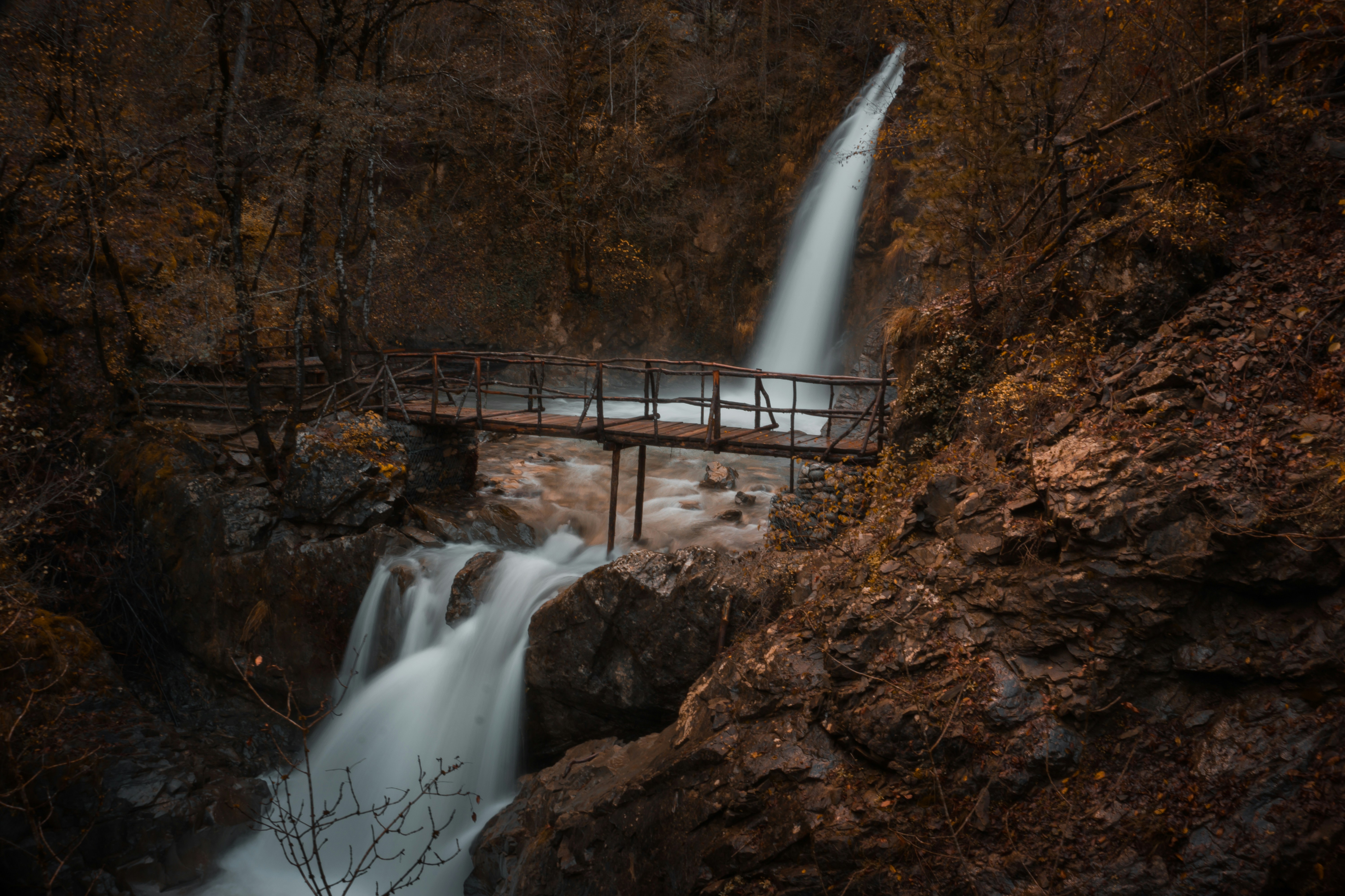 Cascade Spotlight: A Narrow Bridge Under a Veil of Autumn Mist