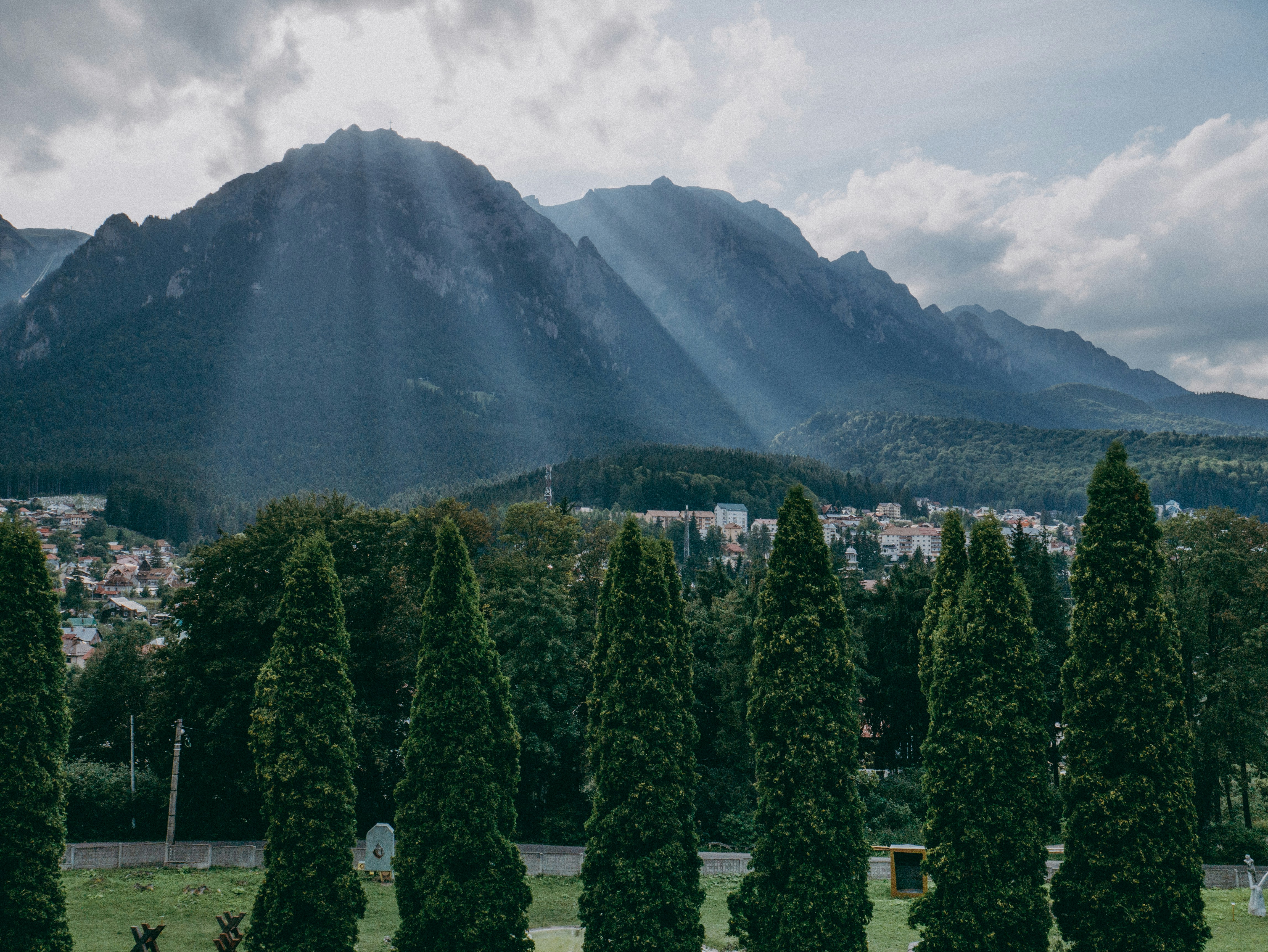 Tall conifer trees frame a breathtaking landscape of mountains with rays of sunlight breaking through the clouds, illuminating the valley below.