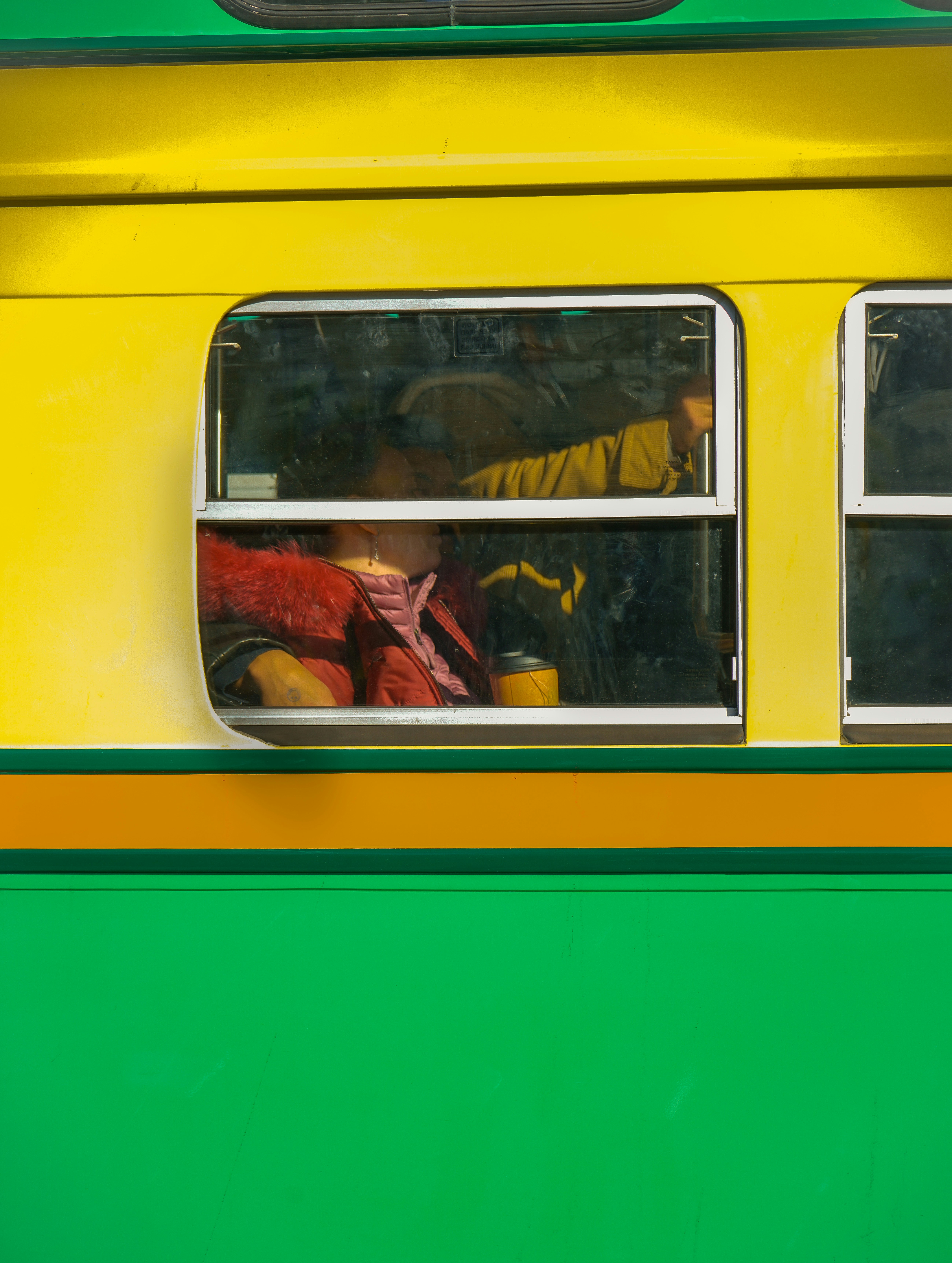 person inside train beside window
