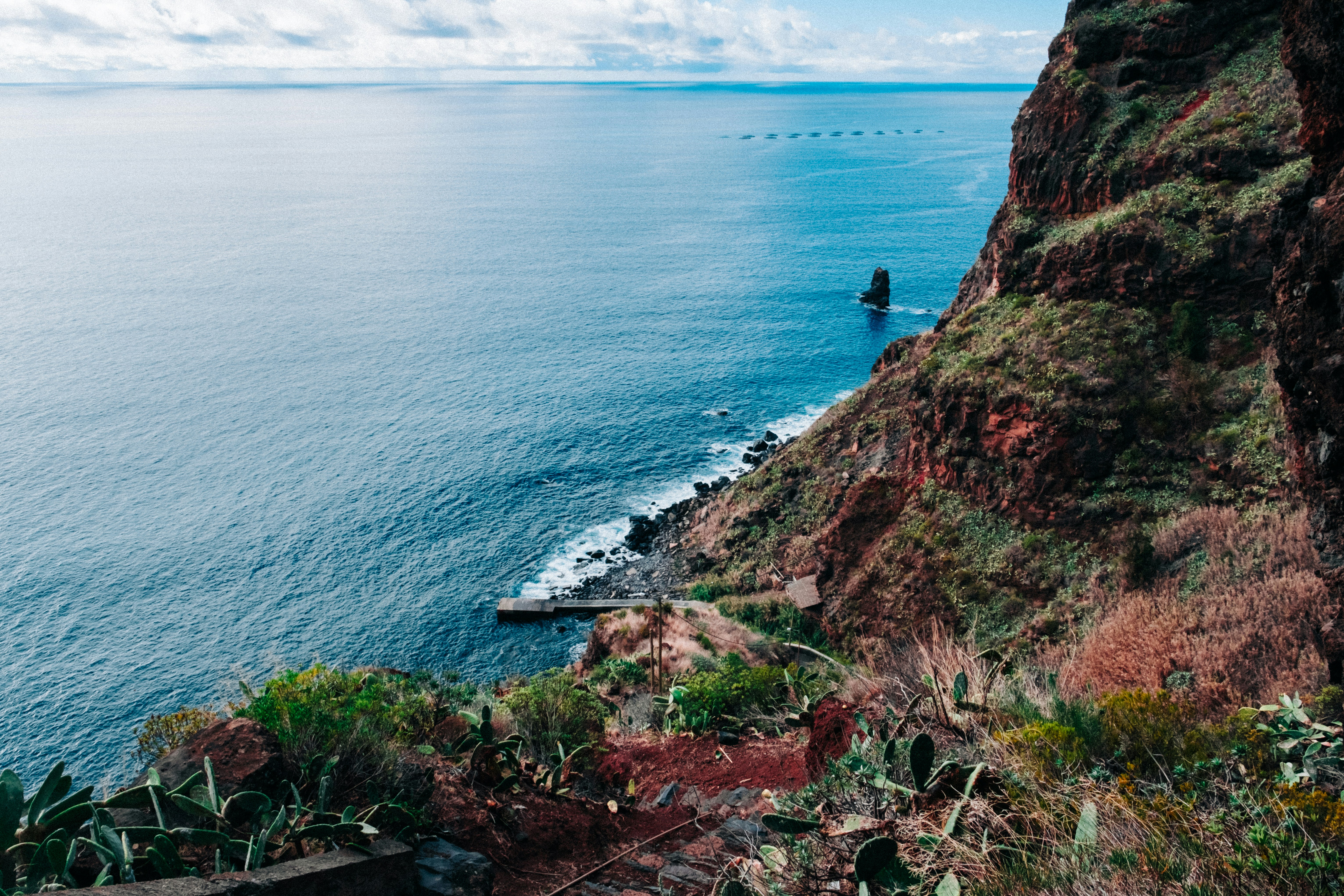 Rocky cliffs overlooking a calm ocean with distant horizon under a cloudy sky.