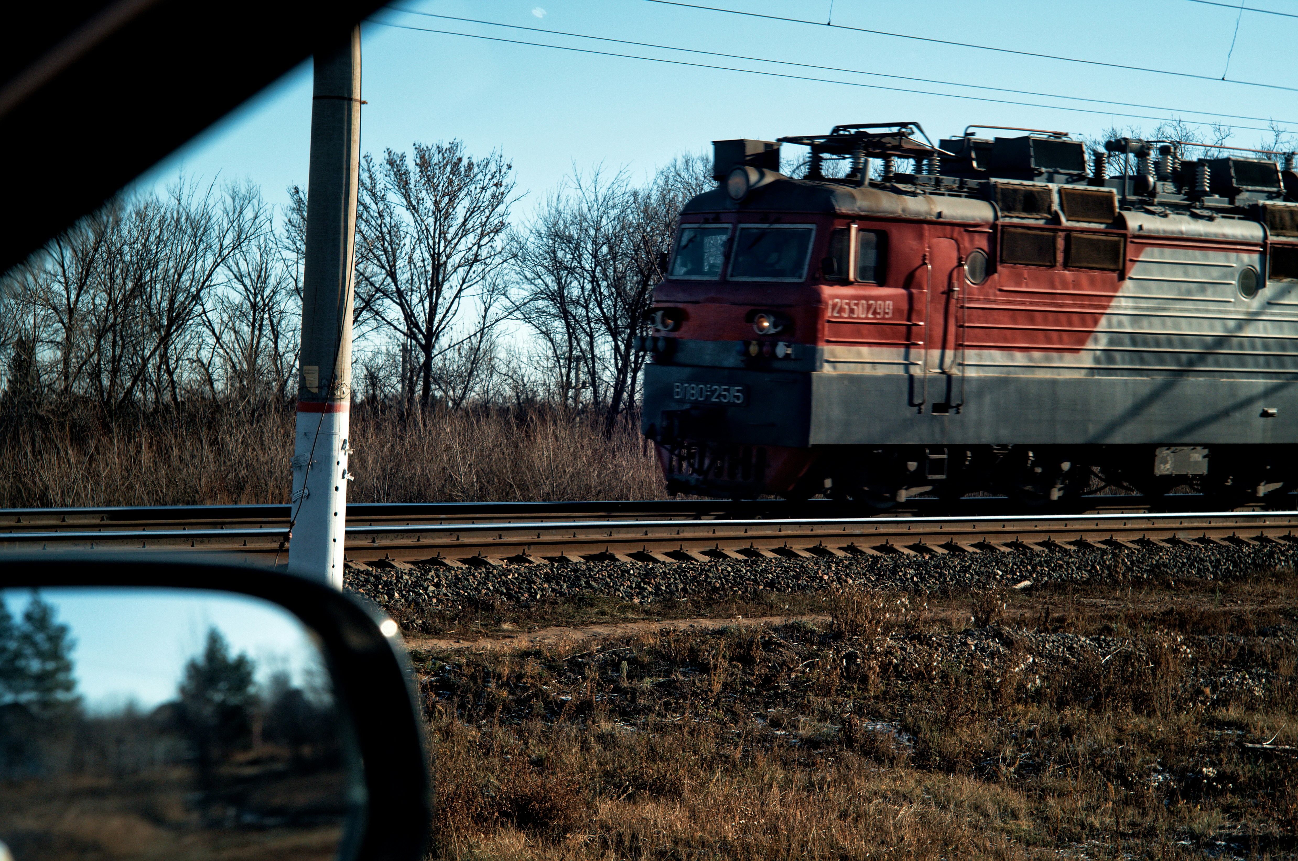 running train under blue skies