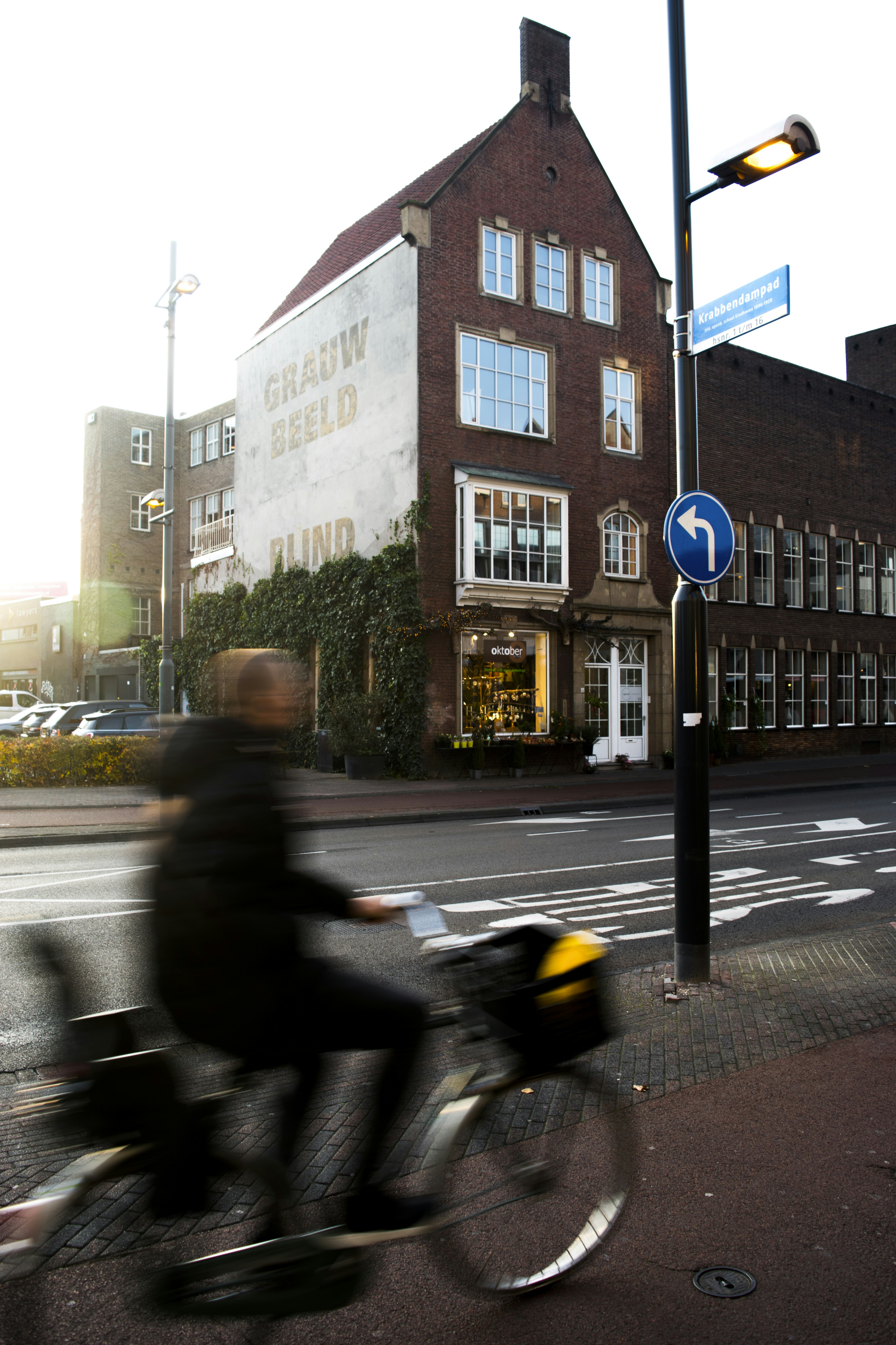 Urban Facade in Motion: A Dutch Street Scene with Blurred Cyclist