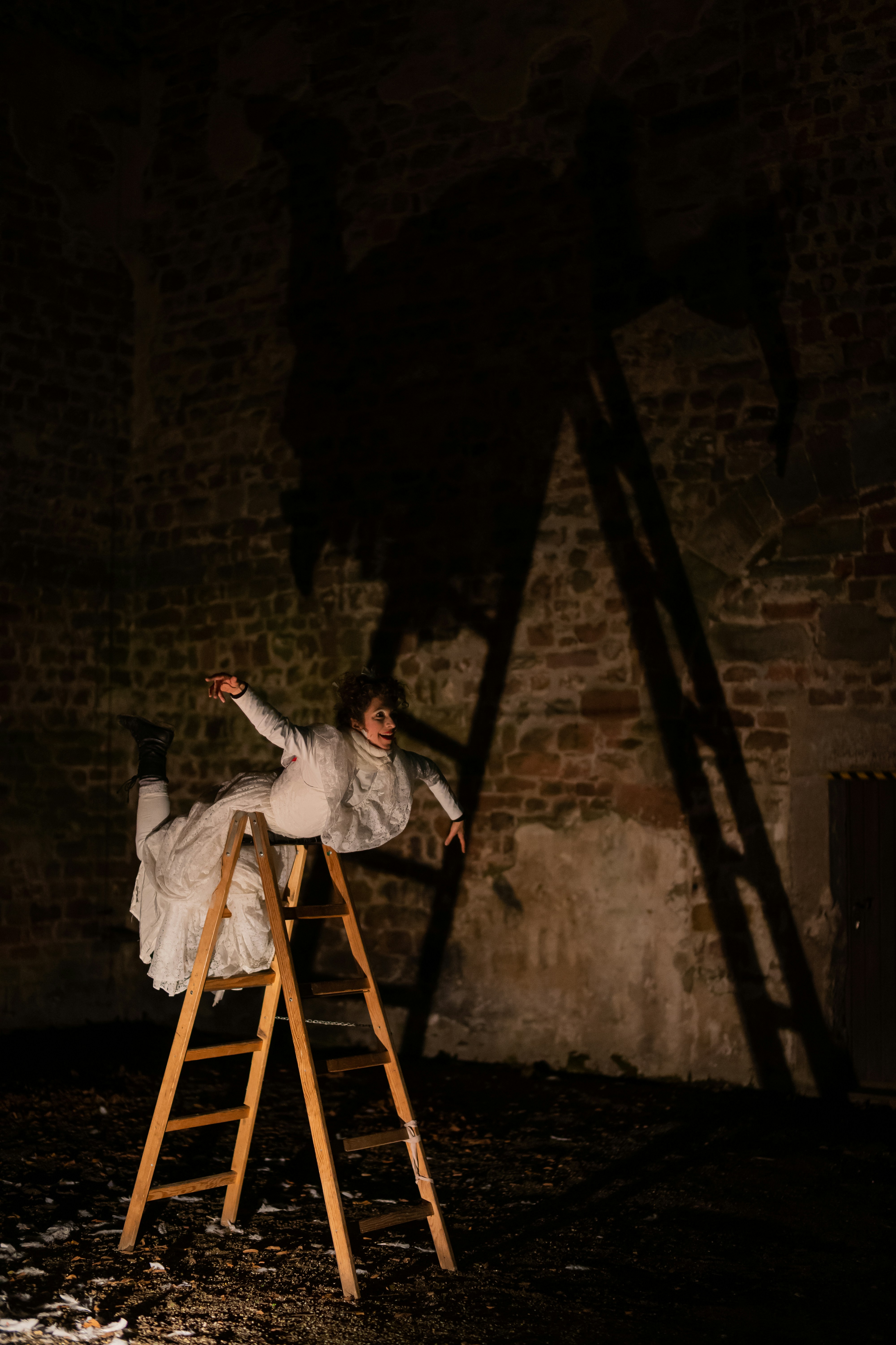 Shadow Acrobat on a Wooden Ladder in a Dim Stone Room