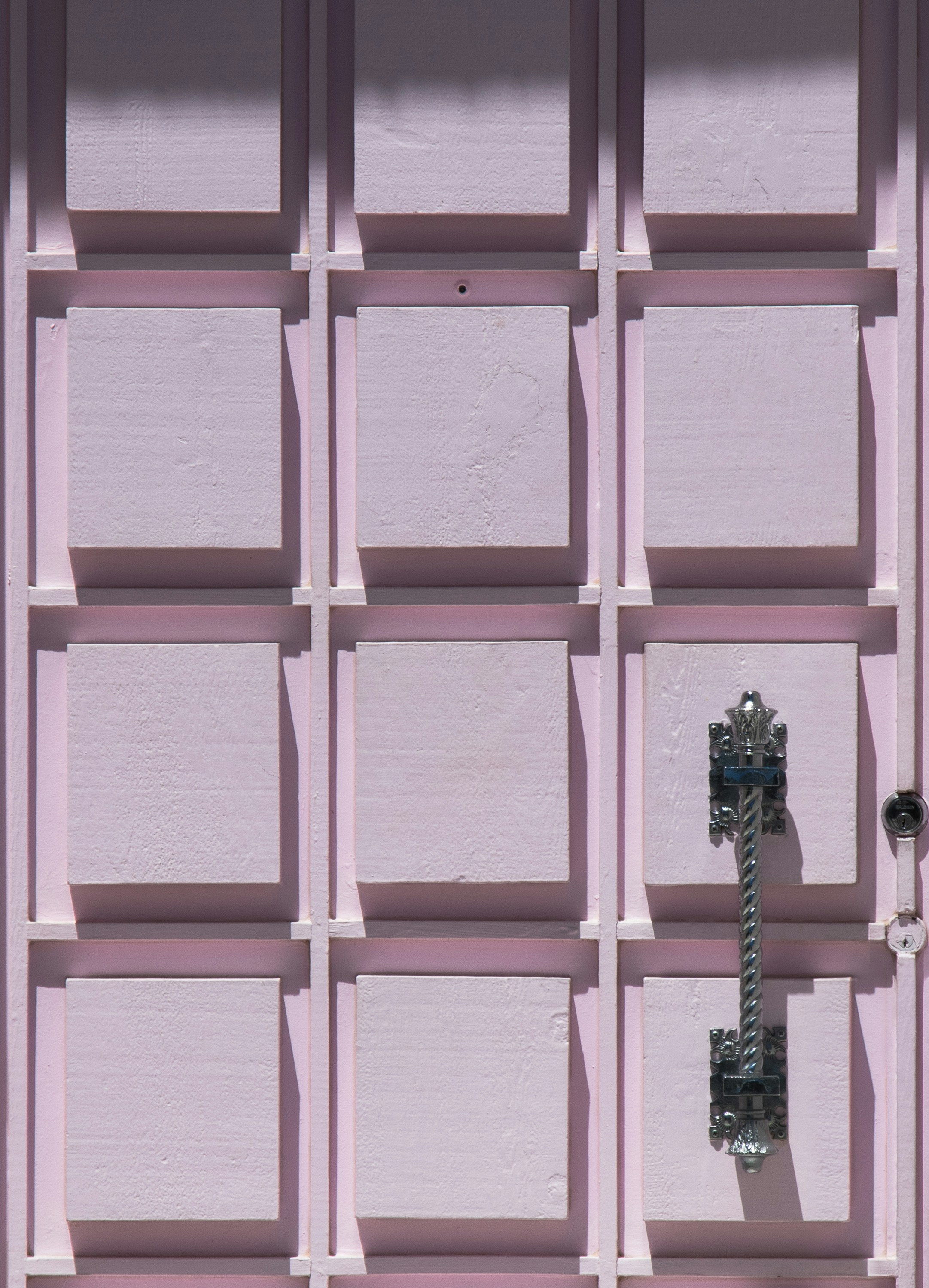 Rosy Panel Grid: A Minimalist Pink Door with a Steel Latch