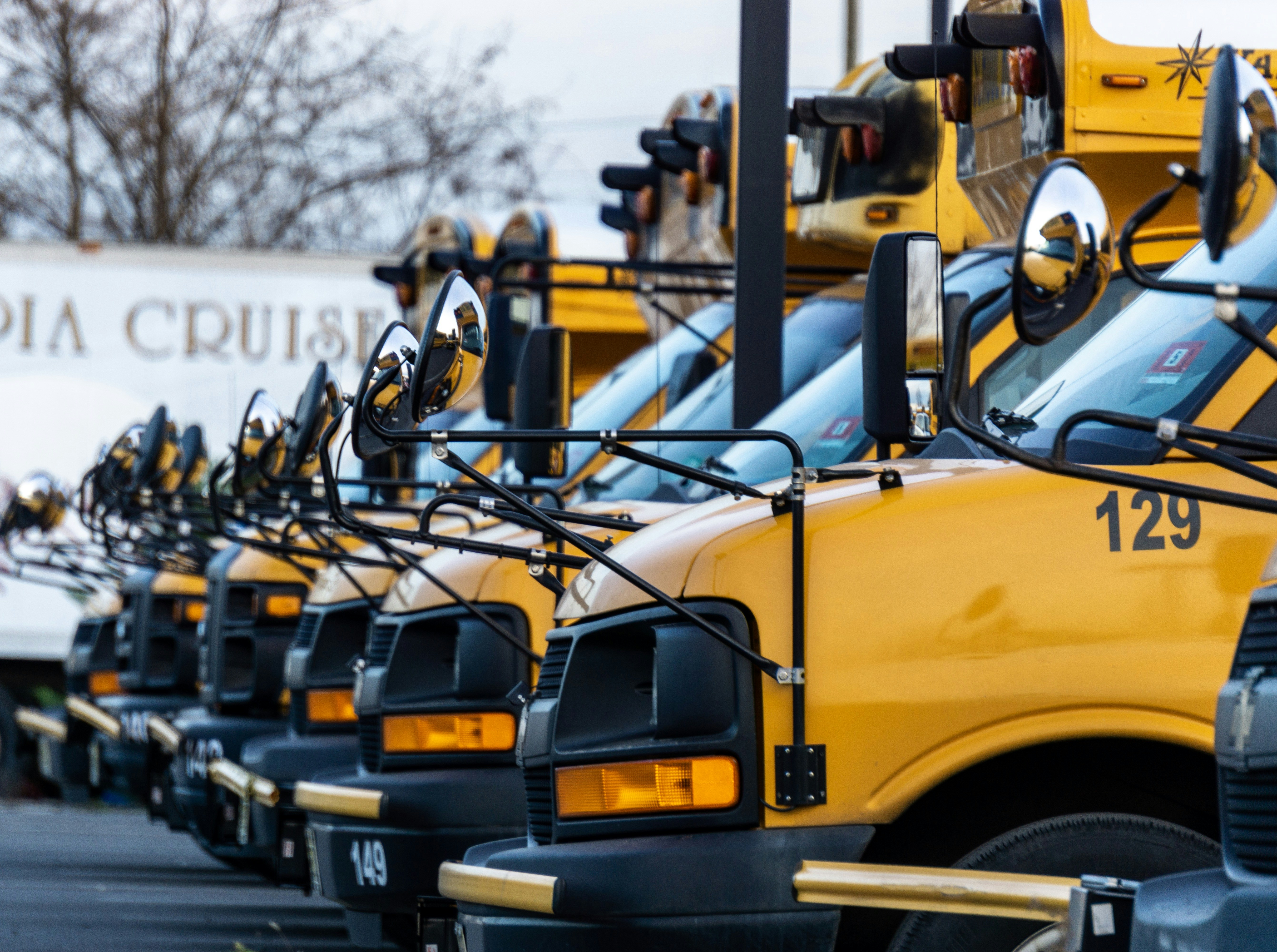 Row of yellow school buses parked closely in a lot, ready for transport duty.