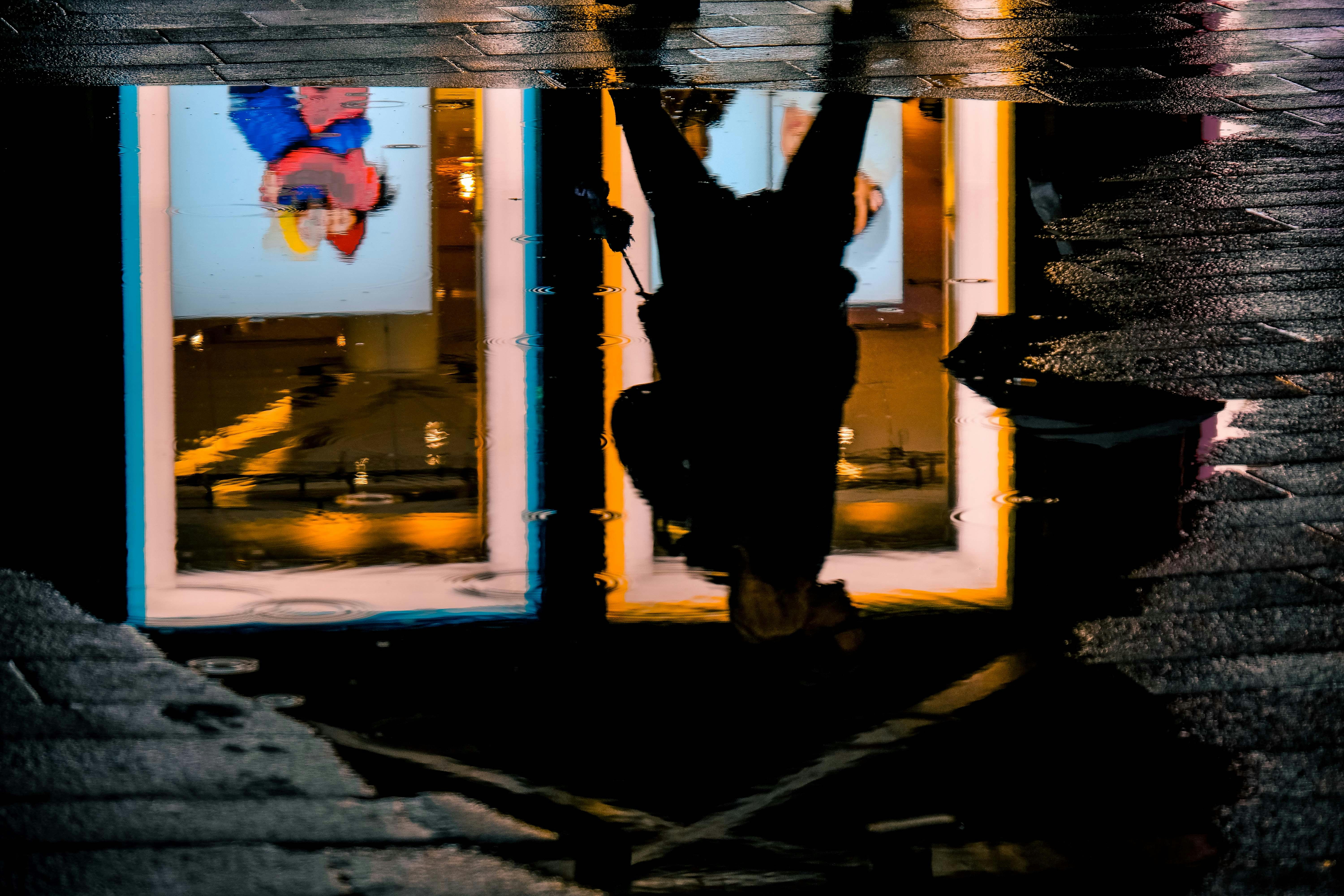 Echoes in the Puddle: A Silhouette at Neon Threshold