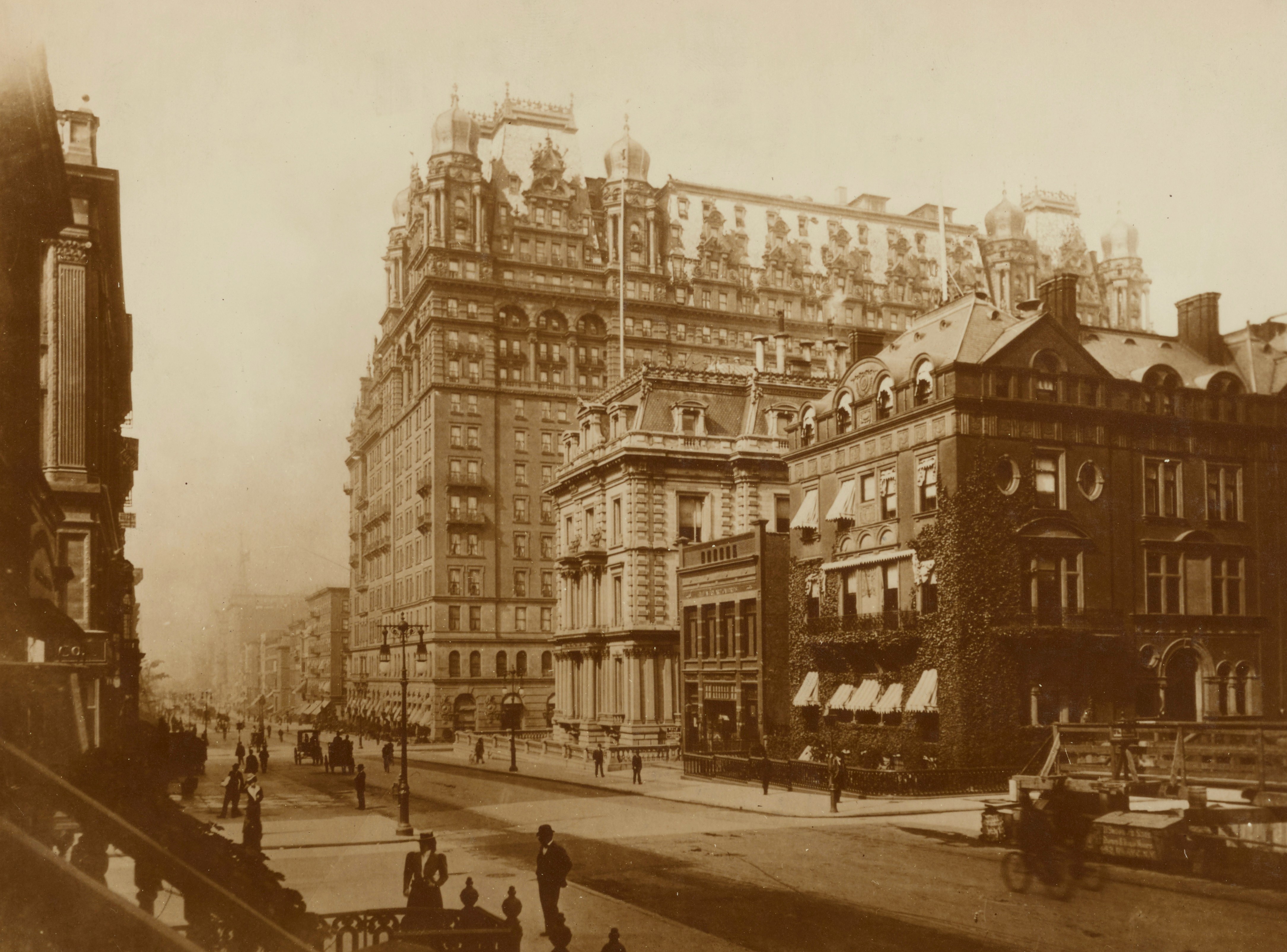 Waldorf Astoria Hotel; Alexander T. Stewart mansion; Avery Art Gallery; New York Club 1895 | people near buildings grayscale photo