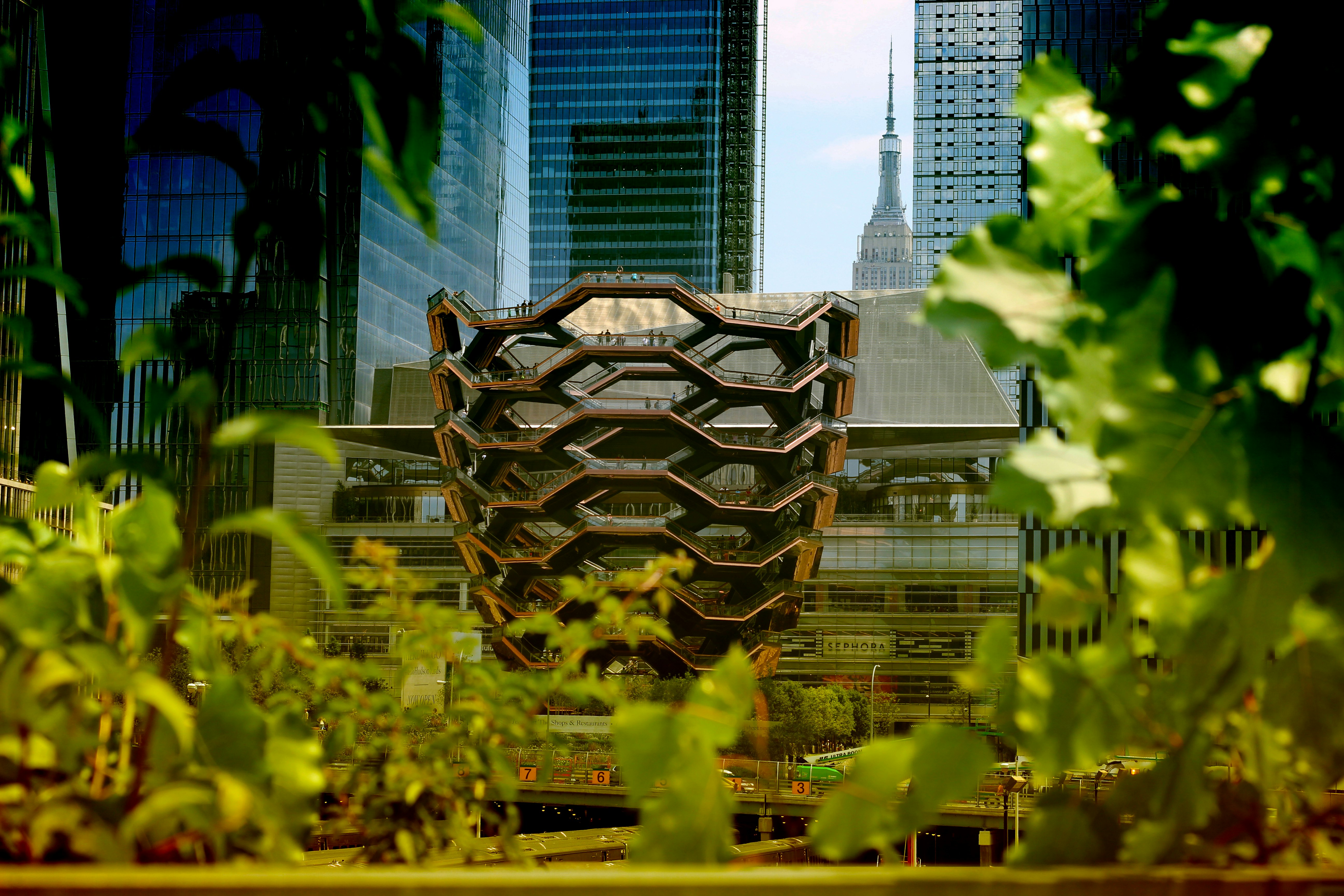 Hexagrid Rise: A Latticed Sculpture Framed by Glass Towers and Greenery