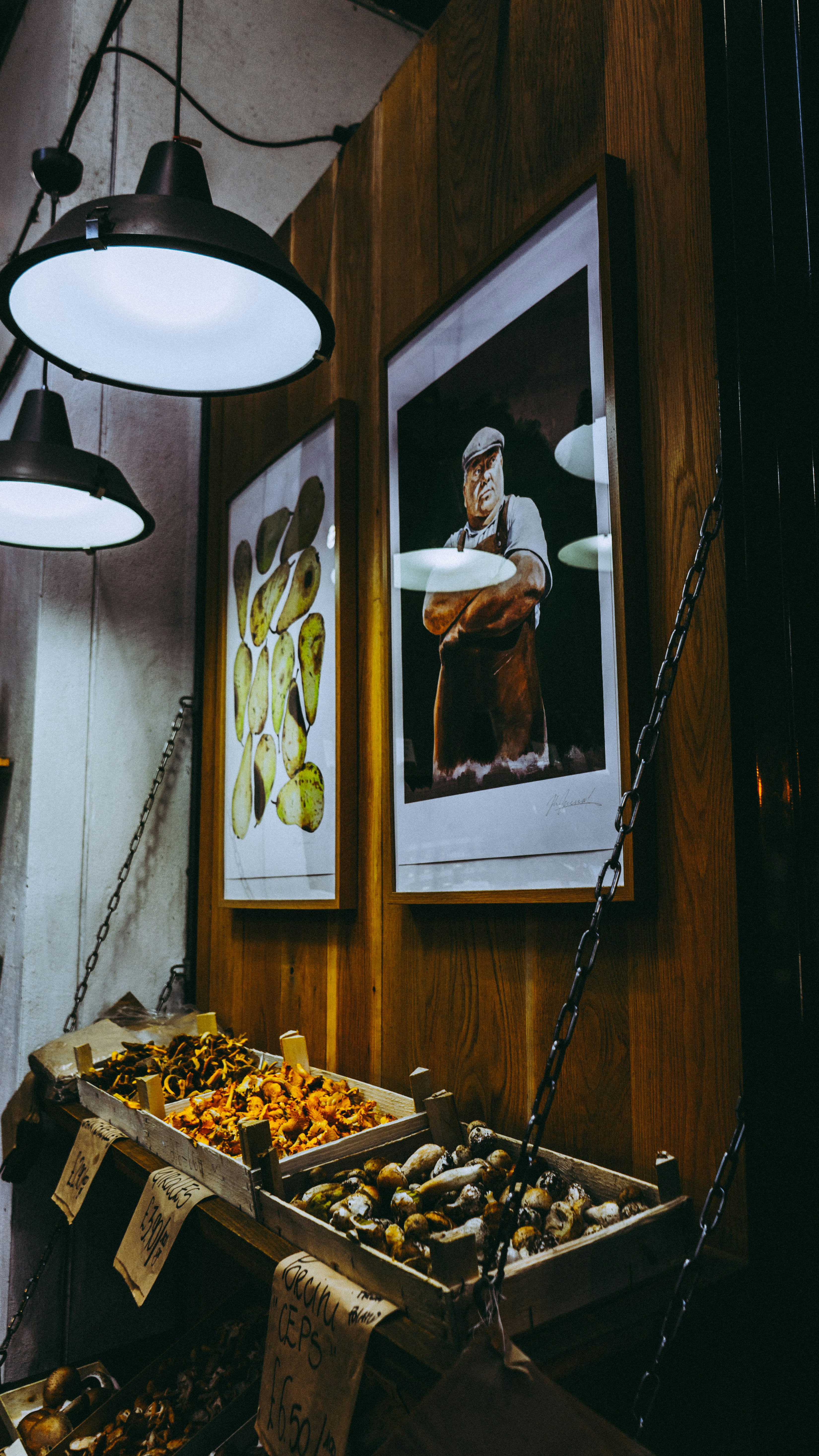 Fisherman's Frame: Warm Light Over a Rustic Market Wall