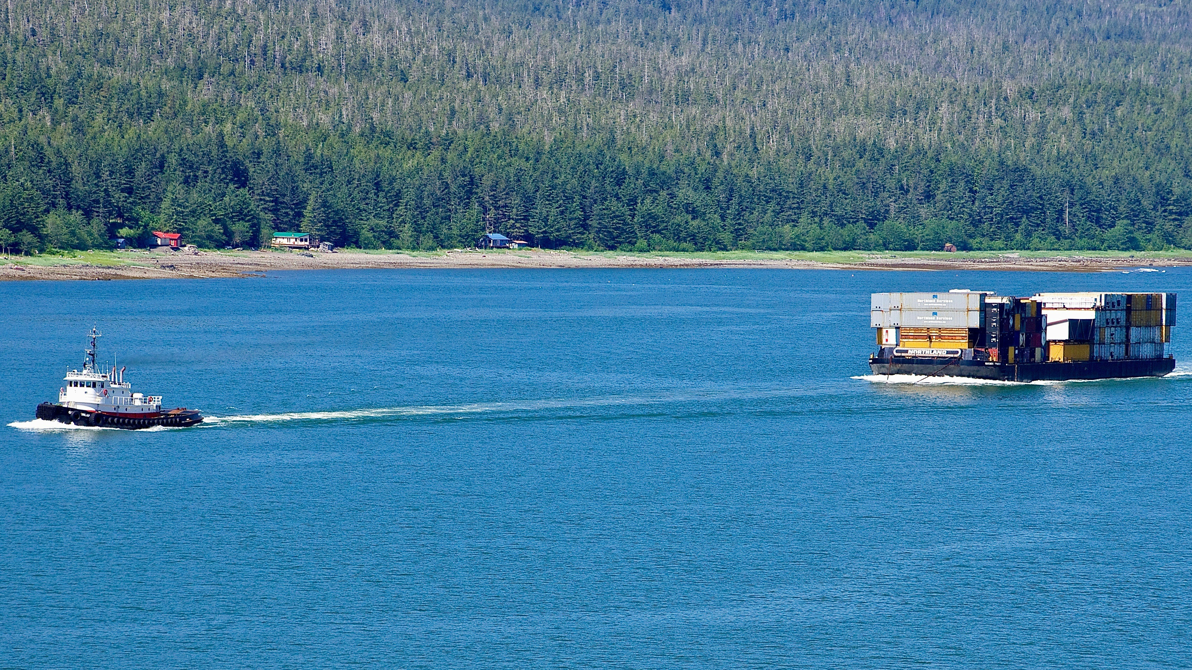 Tugboat guiding a large cargo vessel through serene waters, framed by lush forested hills in the background.