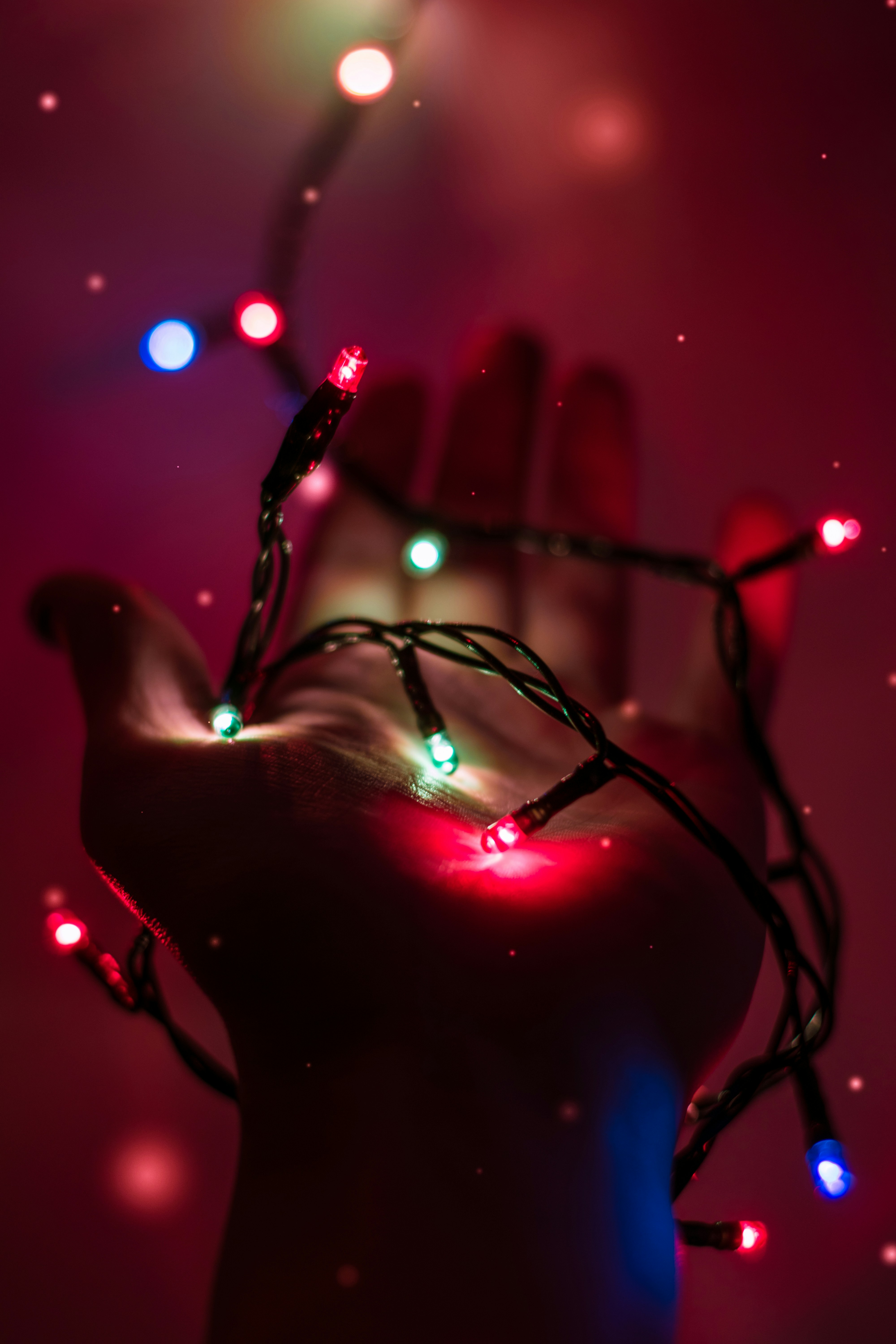 Glowing Grasp: A Hand Entwined with Holiday Lights in Velvet Red