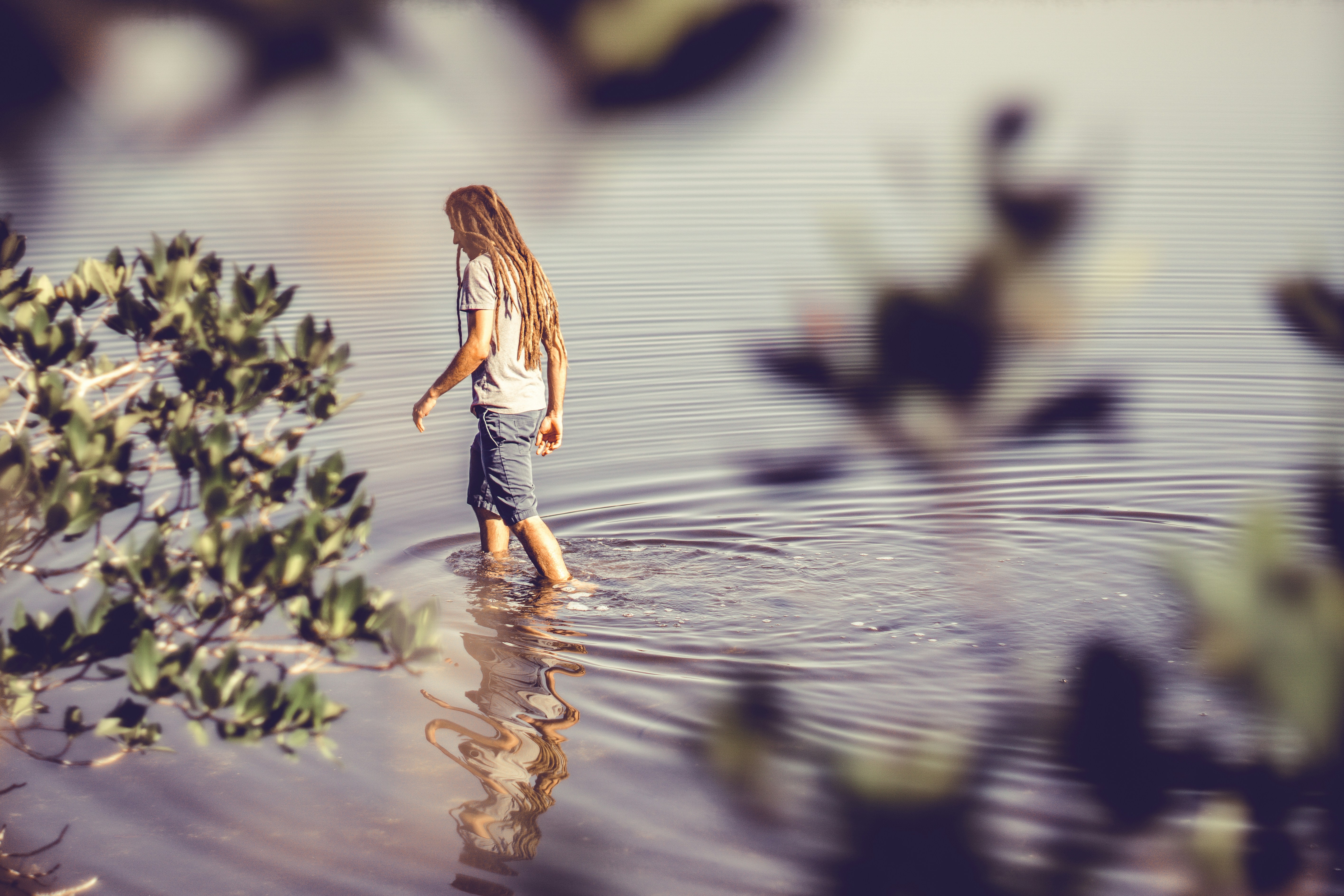 A person with long hair wades through calm water, surrounded by lush greenery. The gentle ripples create a serene atmosphere.