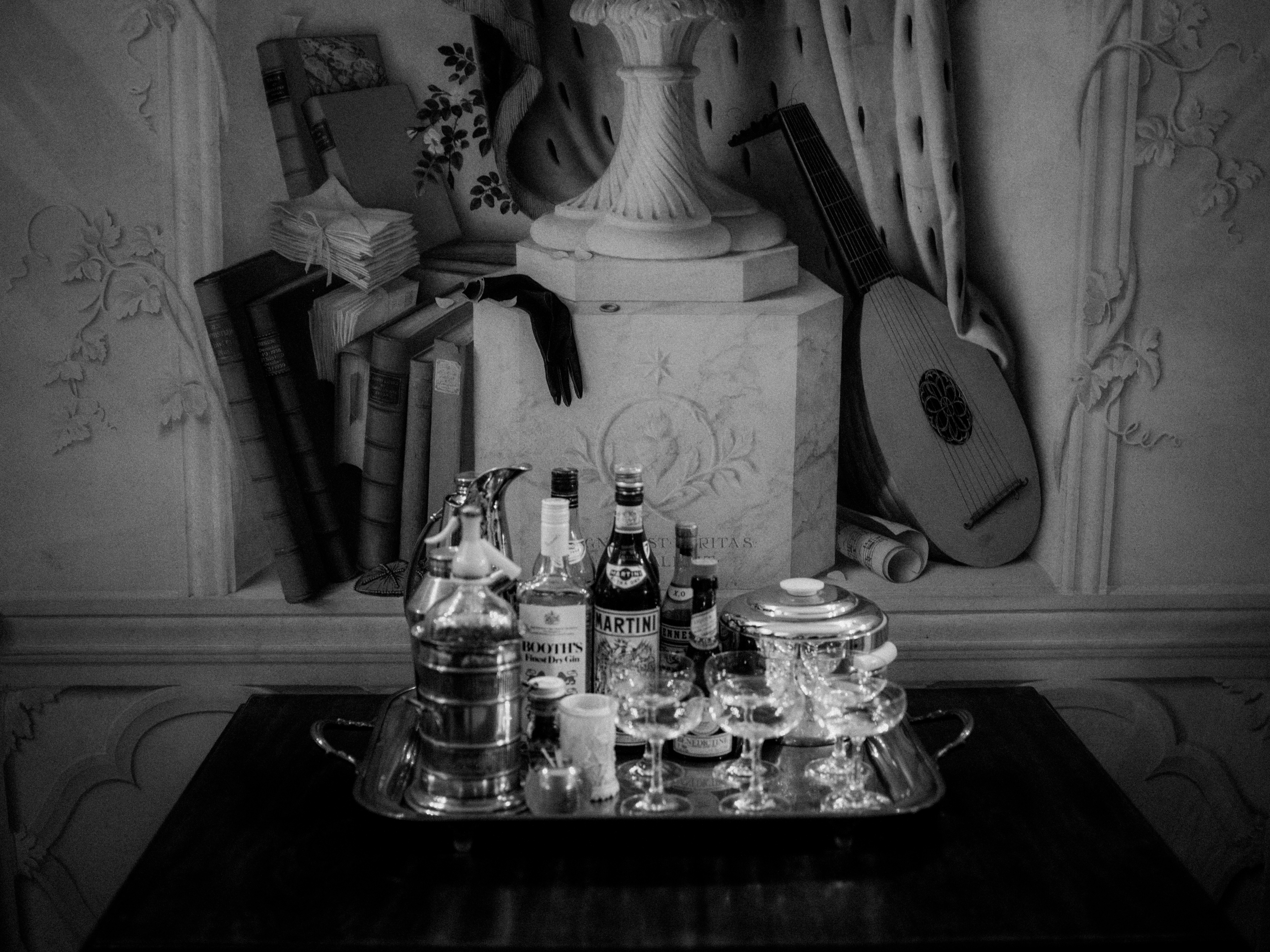 Silvery Stillness: A Tray of Spirits in a Victorian Corner