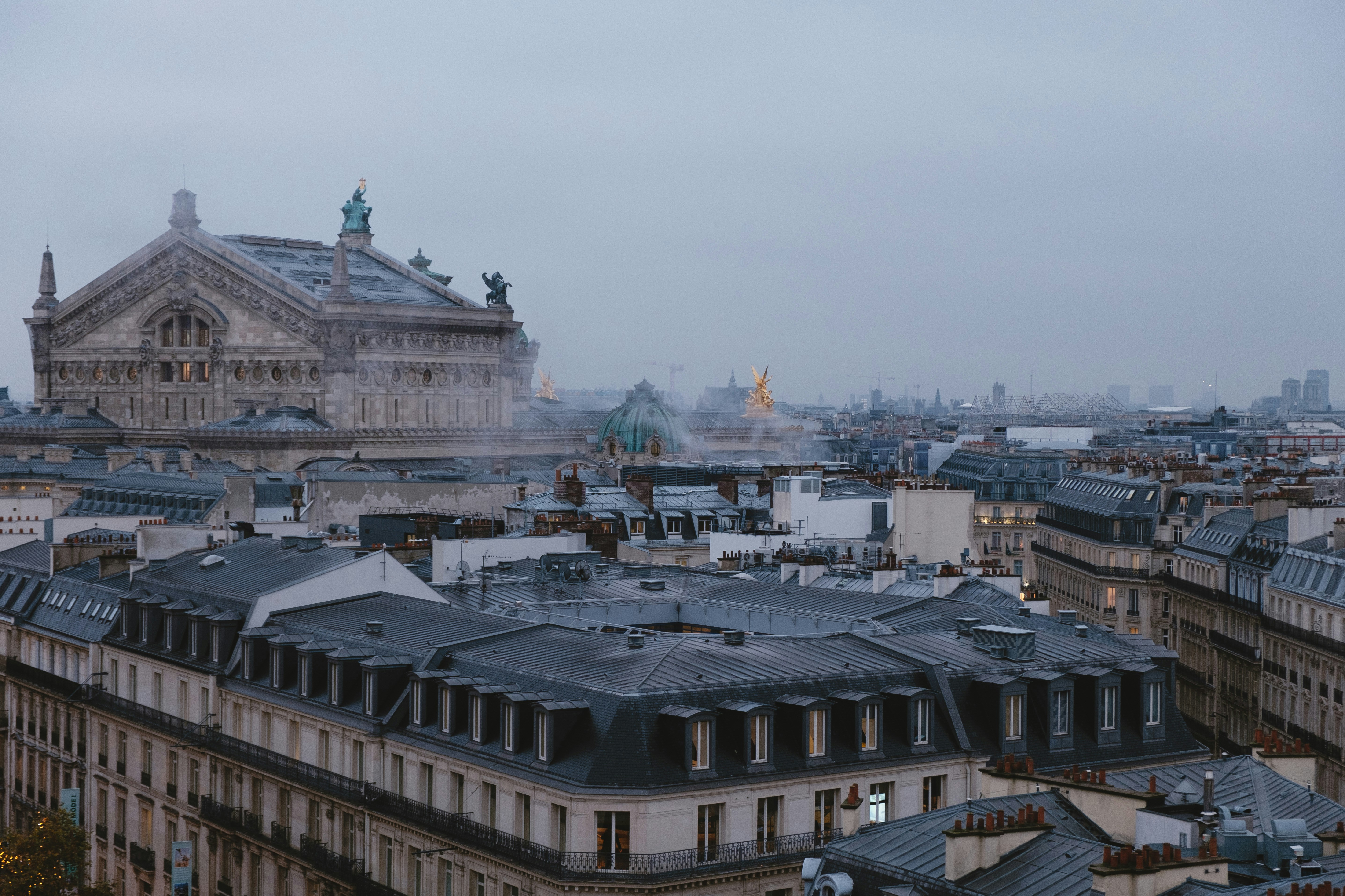Glistening rooftops of Paris under a soft, gray sky, featuring the ornate architecture of the Opéra Garnier in the background.