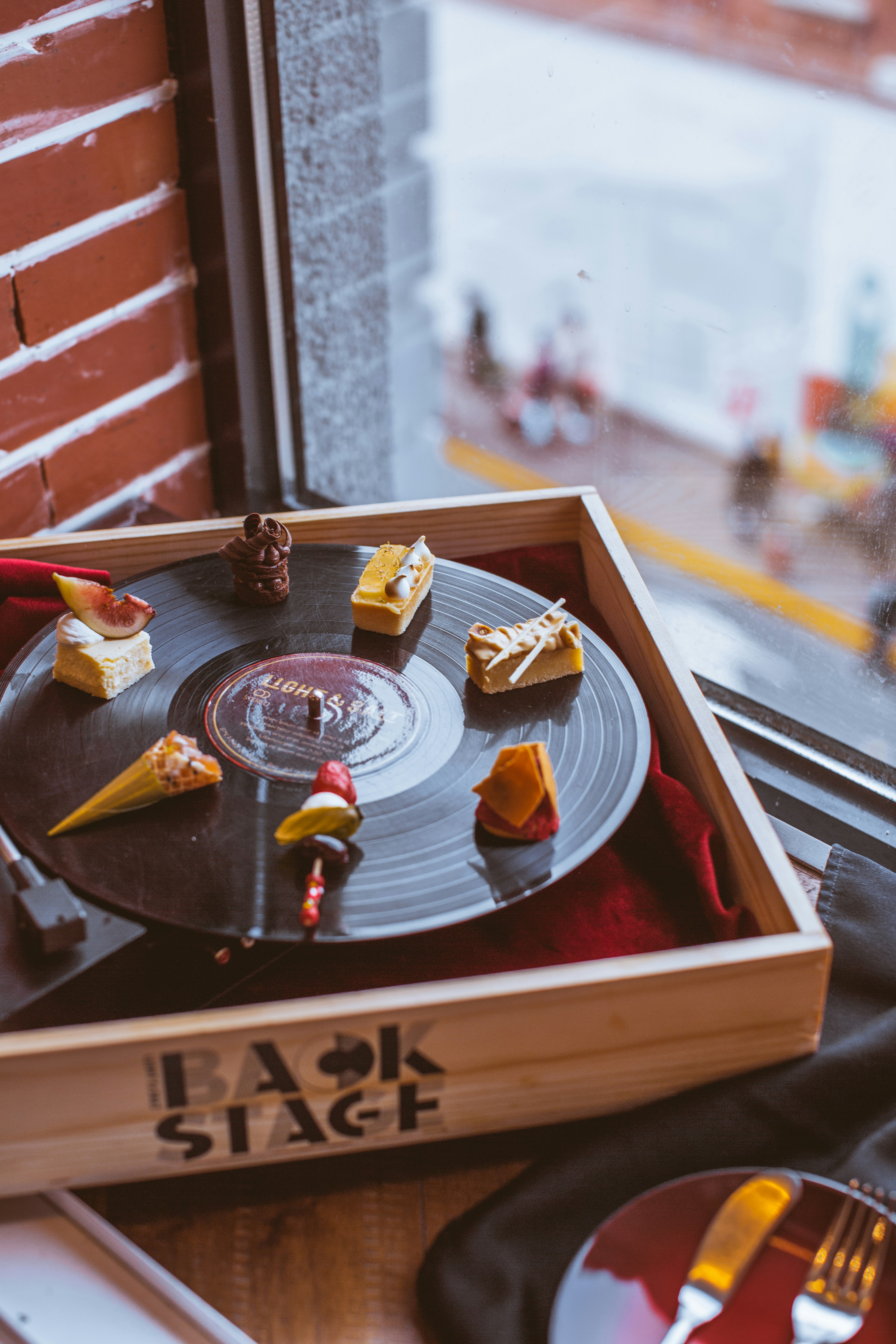 Sweet Slice on a Spin: Desserts Perched on a Painted Vinyl Tray