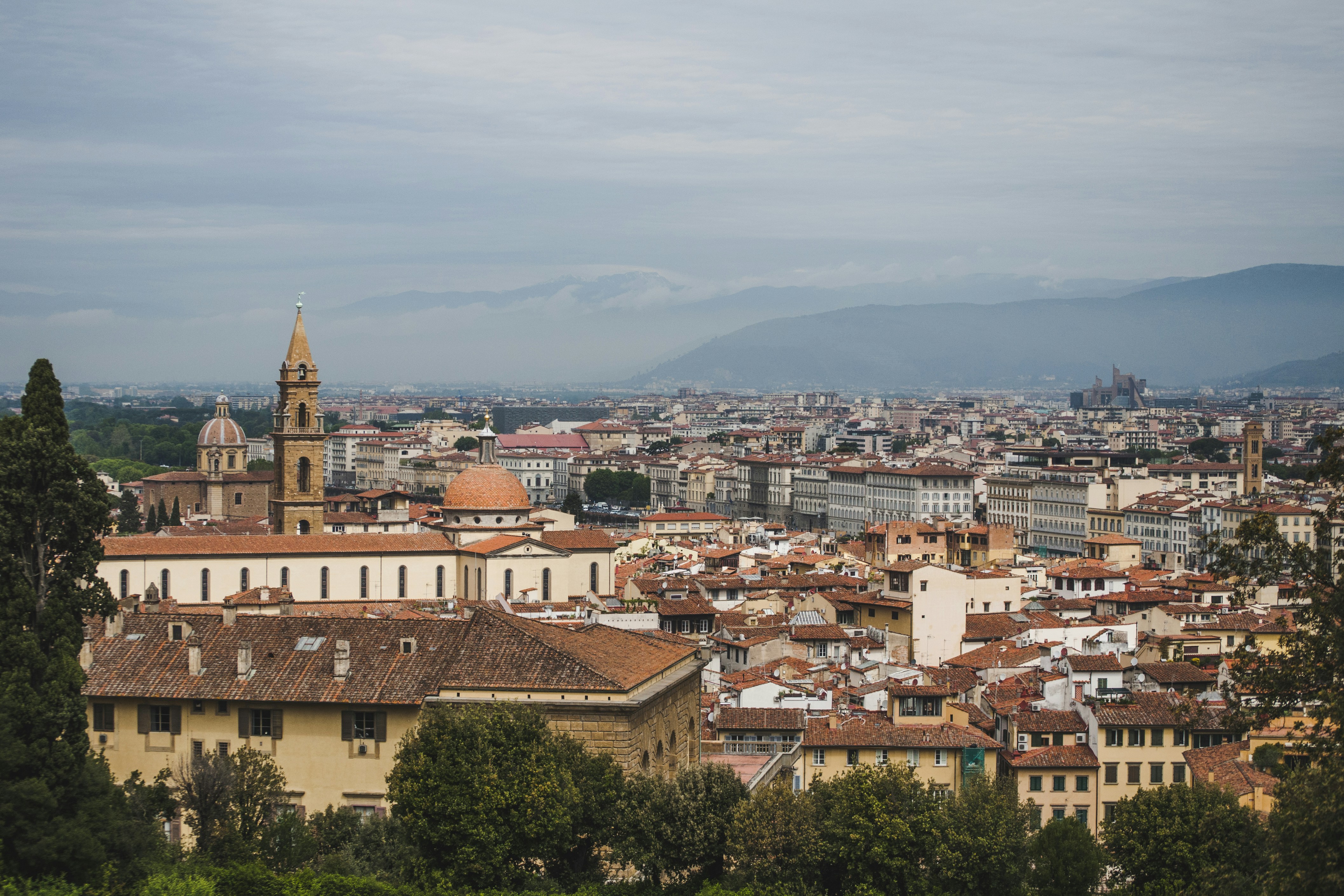 Panoramic view of Florence showcasing historic buildings and the iconic cathedral under a cloudy sky.