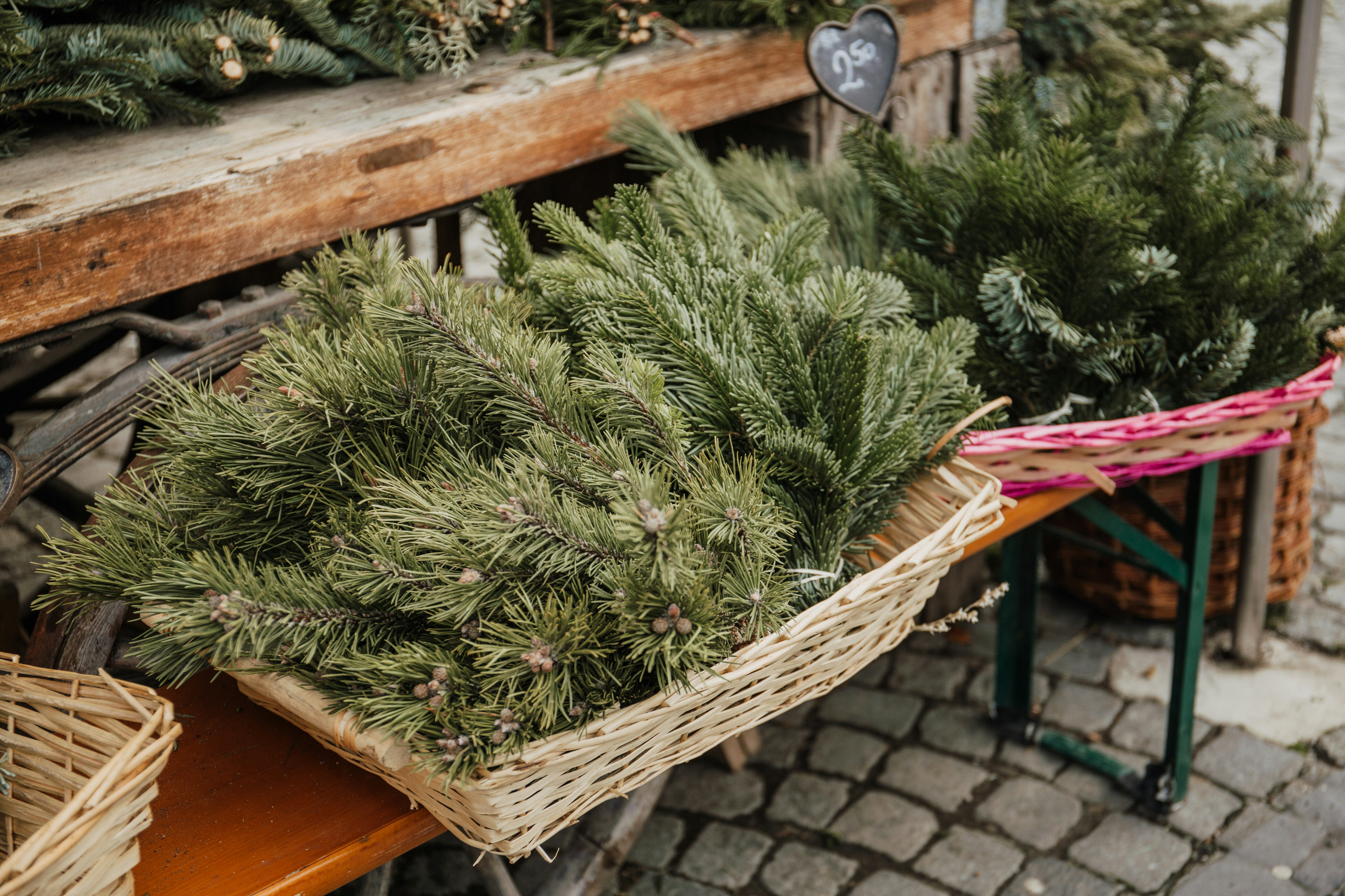 Baskets filled with fresh evergreen branches displayed at a market, highlighting the seasonal charm of nature's bounty.