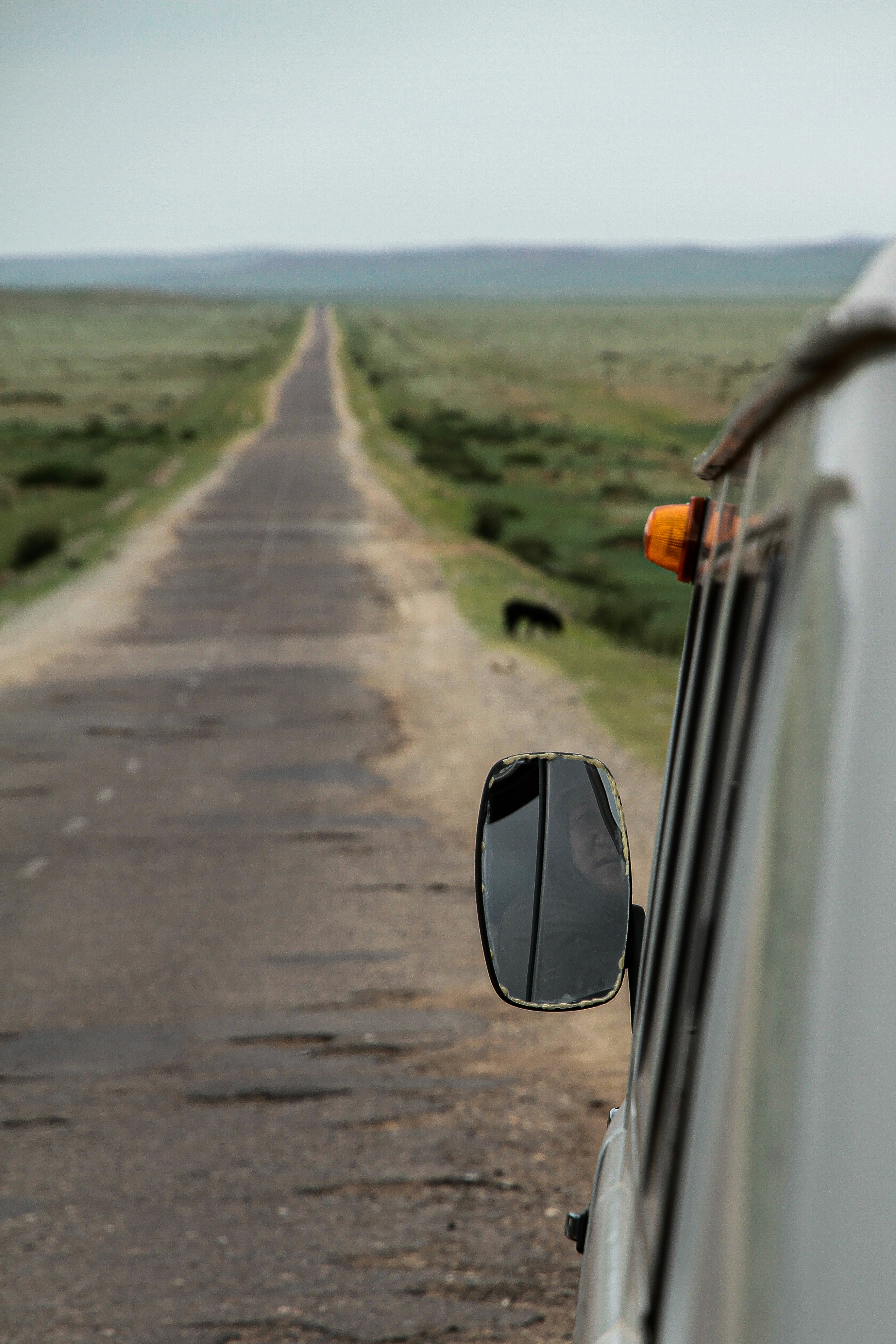 A rugged road stretches into the distance, framed by a vehicle's side mirror and the vast landscape beyond. The scene captures the essence of adventure and exploration.