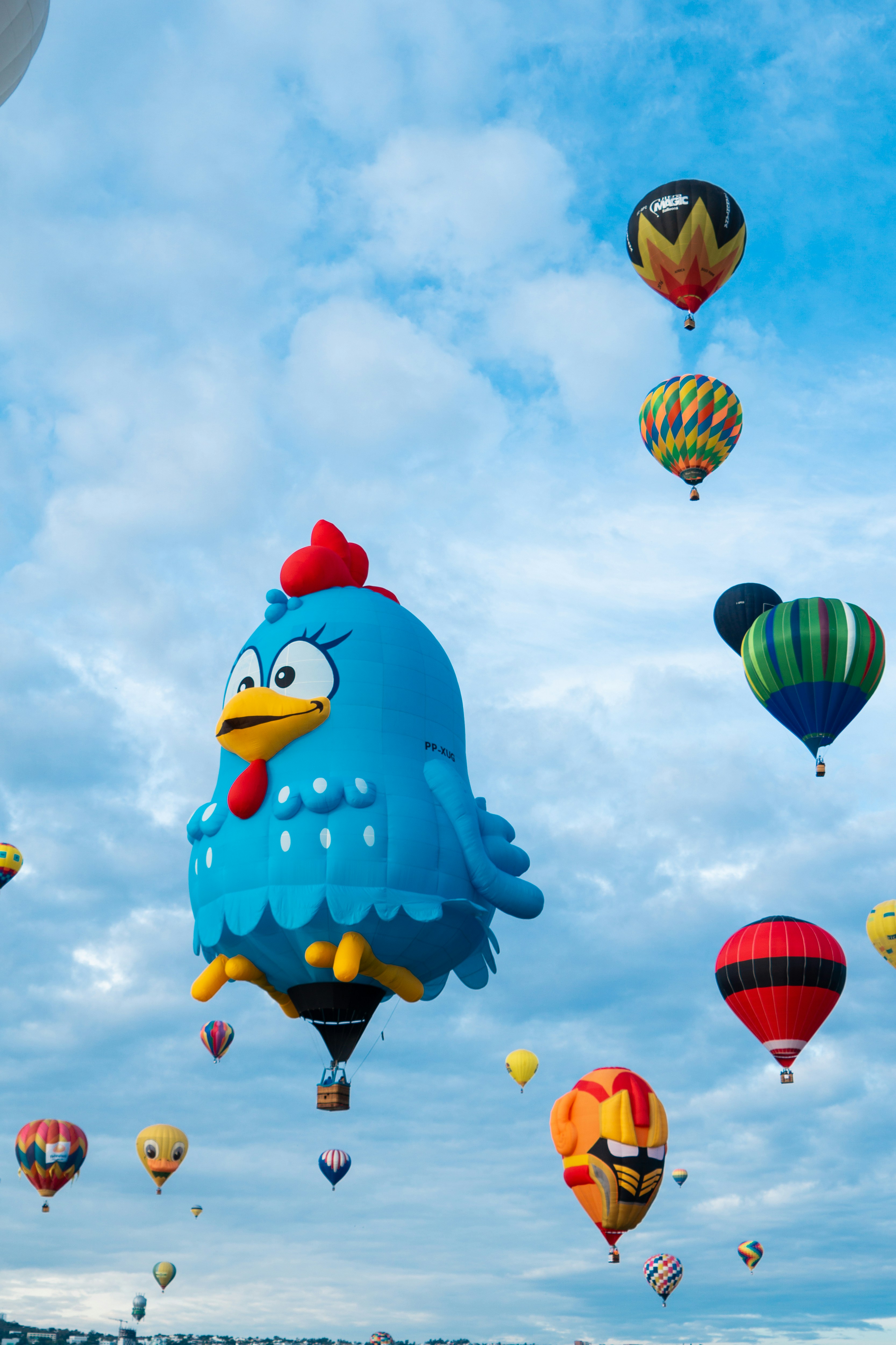 Giant Blue Chicken Balloon Leads a Skyward Parade of Balloons