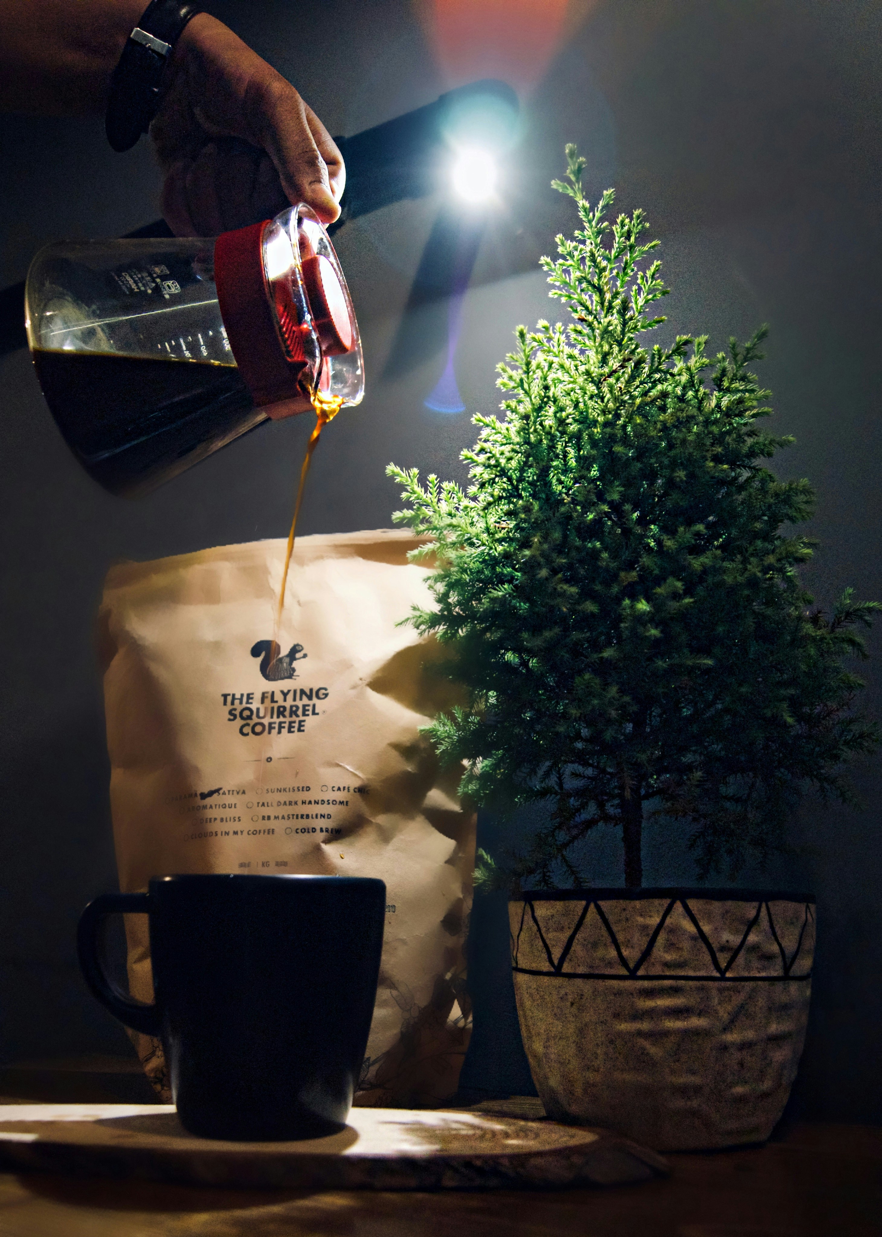 Coffee being poured from a glass carafe into a black mug, with a small potted tree and a coffee bag in the scene. The warm light creates a cozy atmosphere.