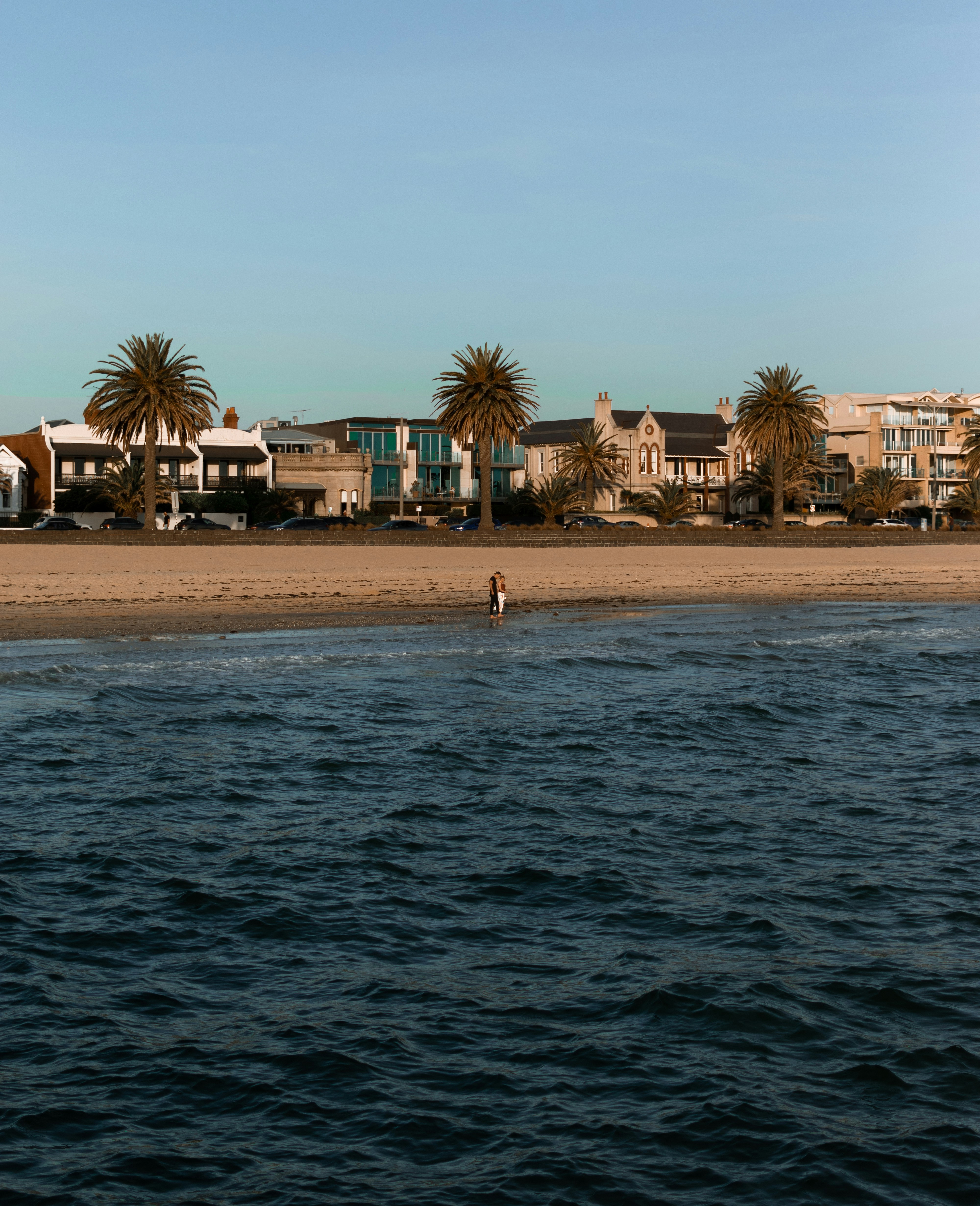 A lone figure walks along the water's edge, framed by palm trees and coastal architecture under a clear sky.