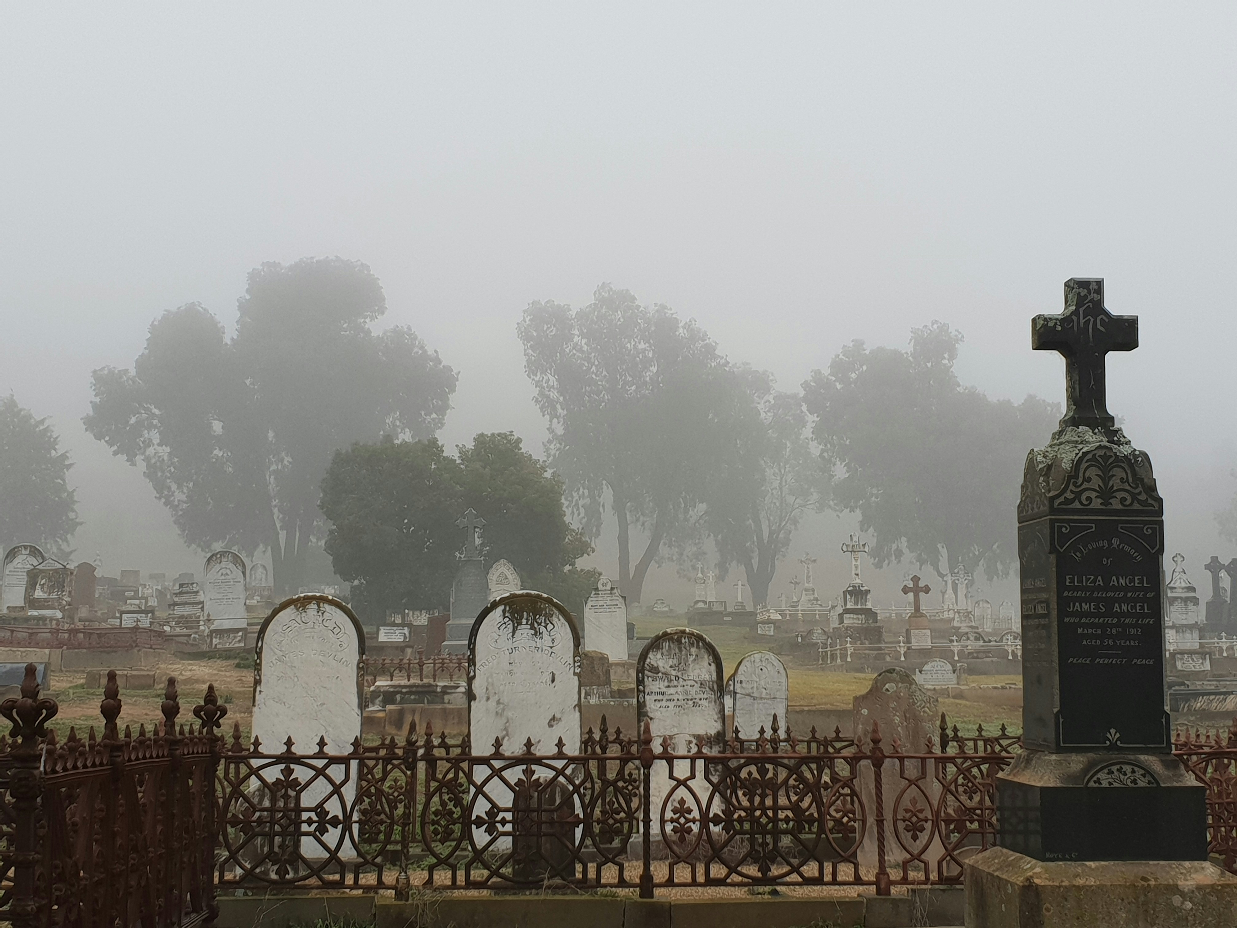 Fogbound Cross Over Iron Work: A Quiet Cemetery in Mist