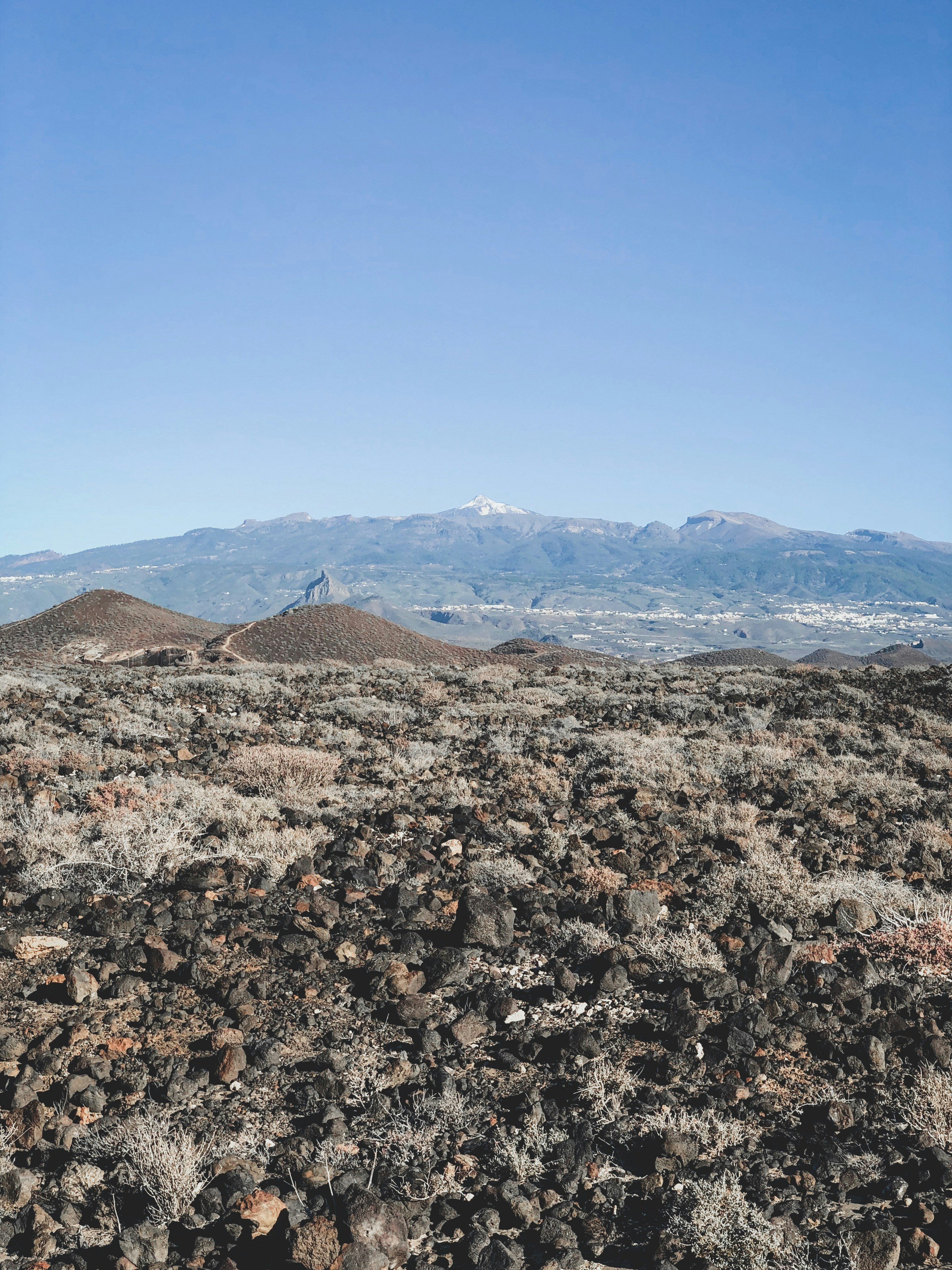 Distant Snow Peak Over a Rugged Lava Plain