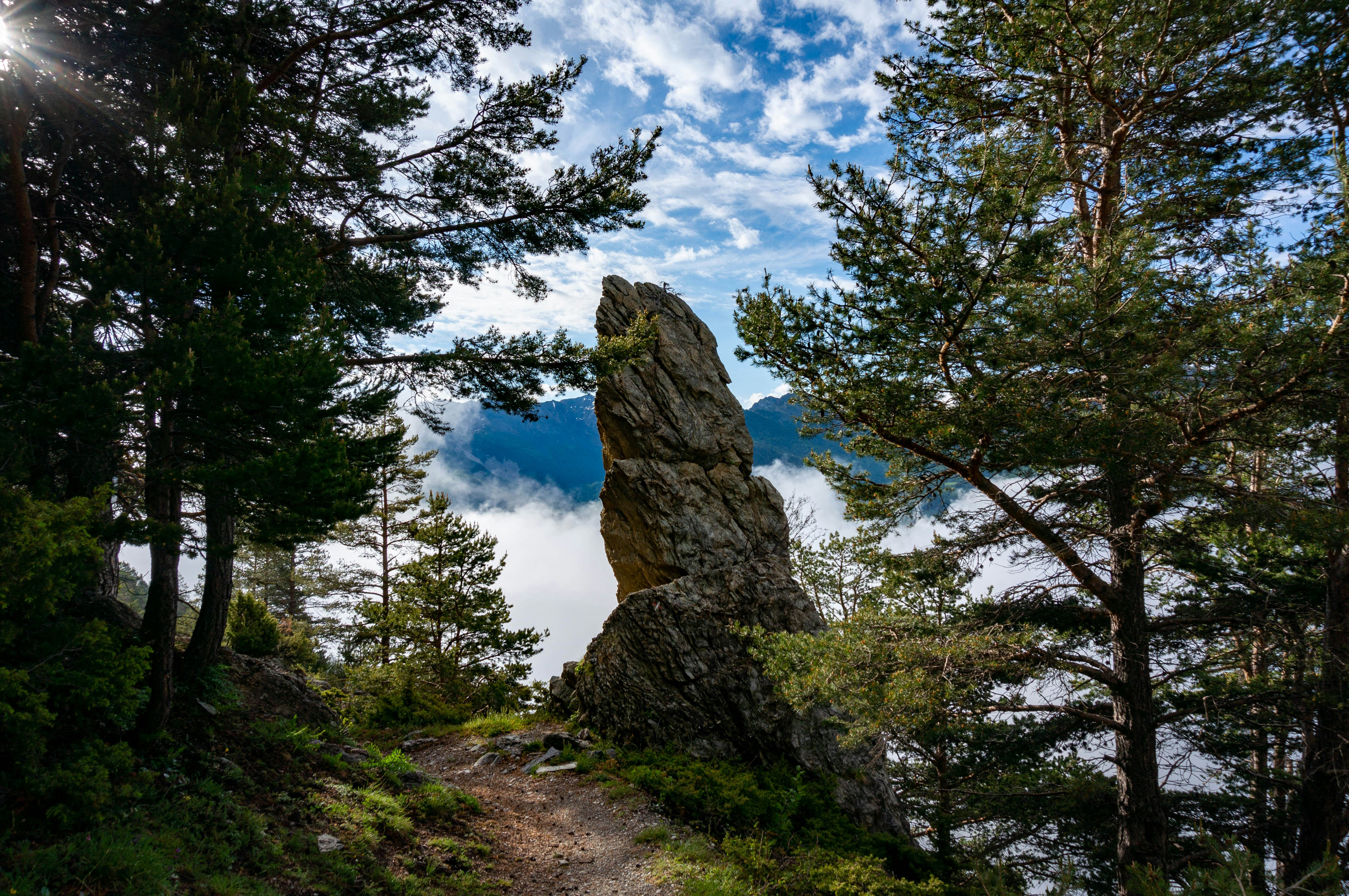 Standalone Pillar in the Mist: A Narrow Path to the Weathered Rock