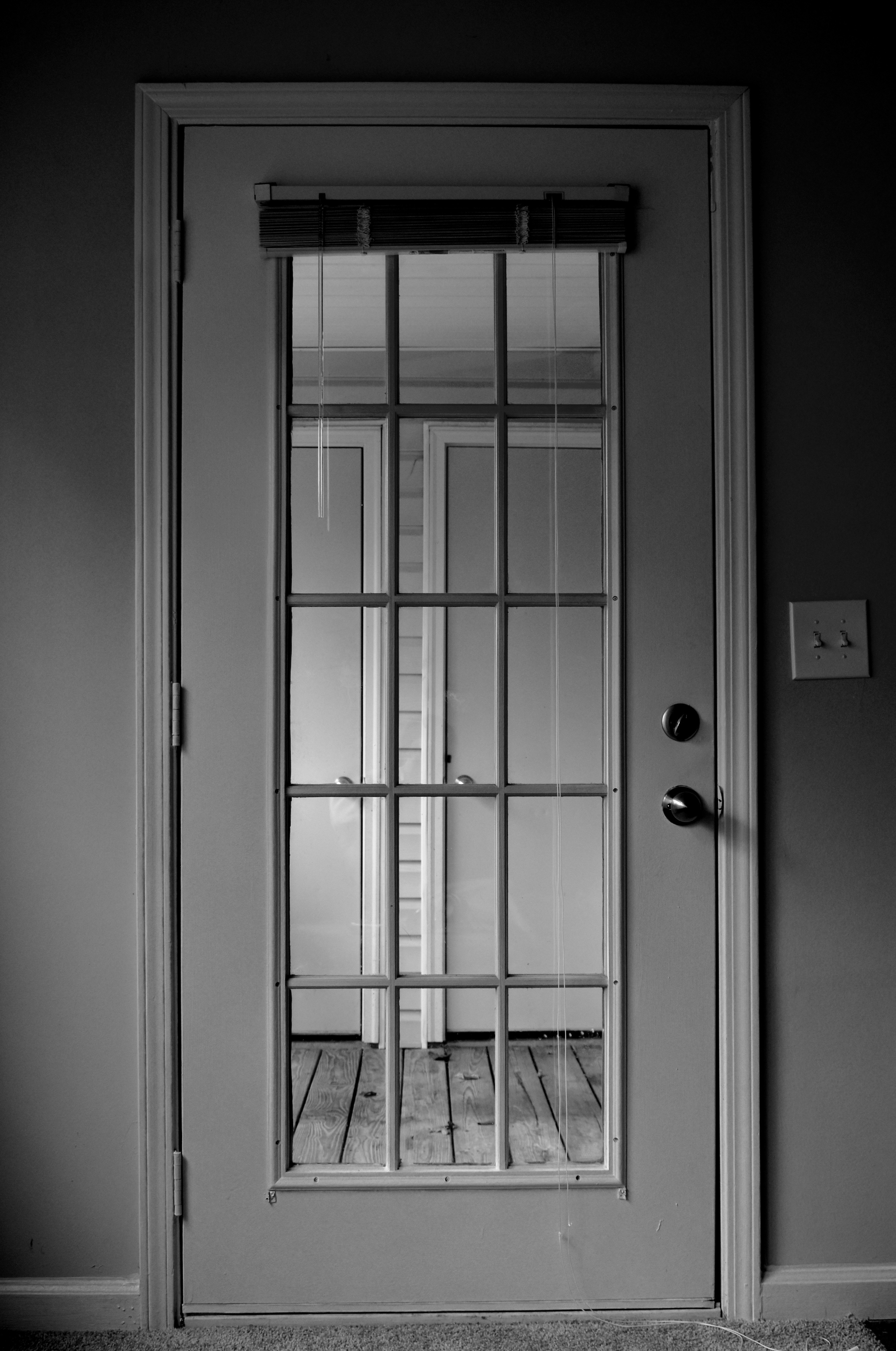 A black and white photograph of a door with a grid of glass panes, revealing a glimpse of a hallway beyond. The composition emphasizes the contrast between light and shadow.