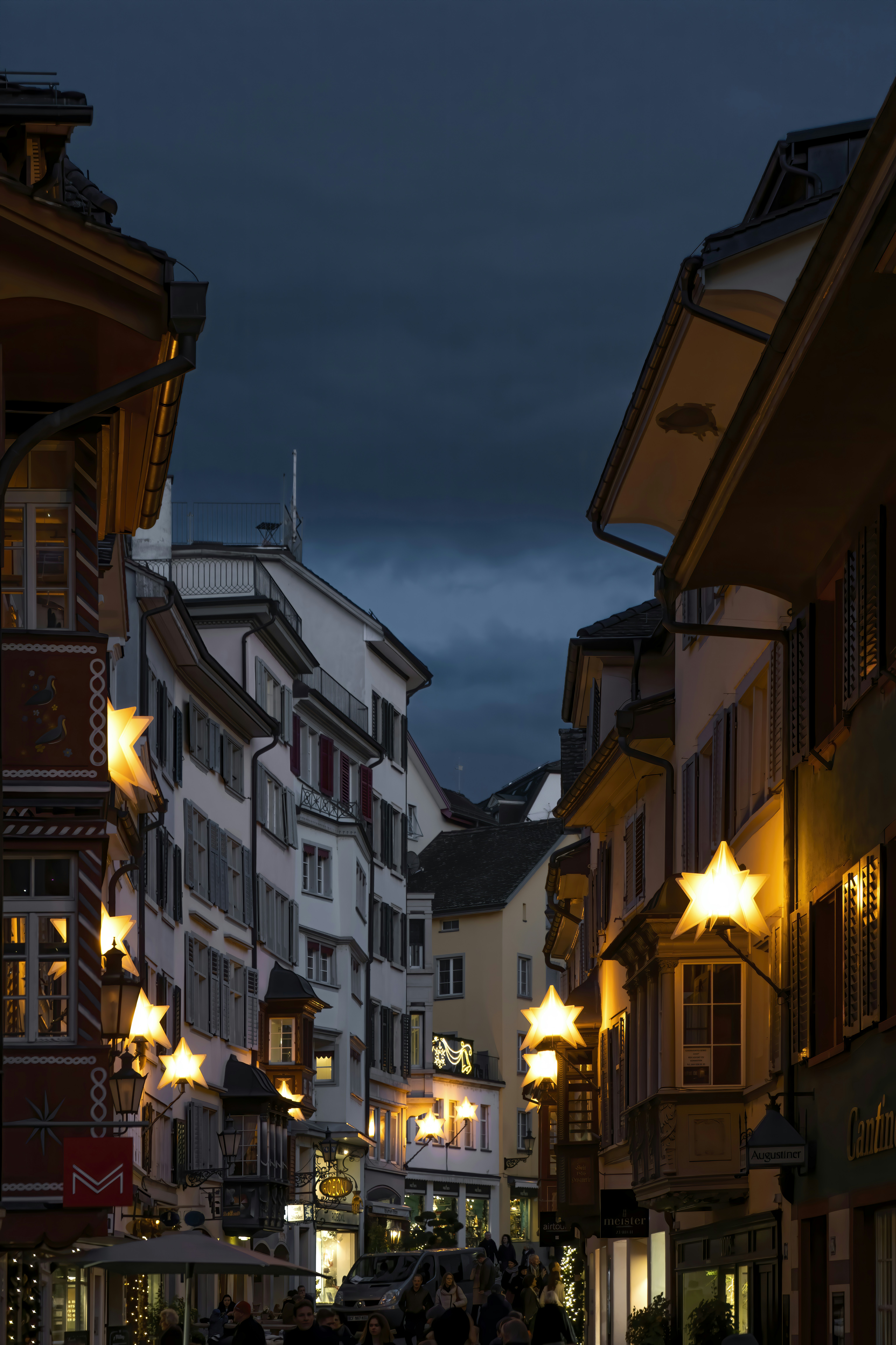 Stars on the Facades: Twilight Walk Through a Lantern-Lit European Alley