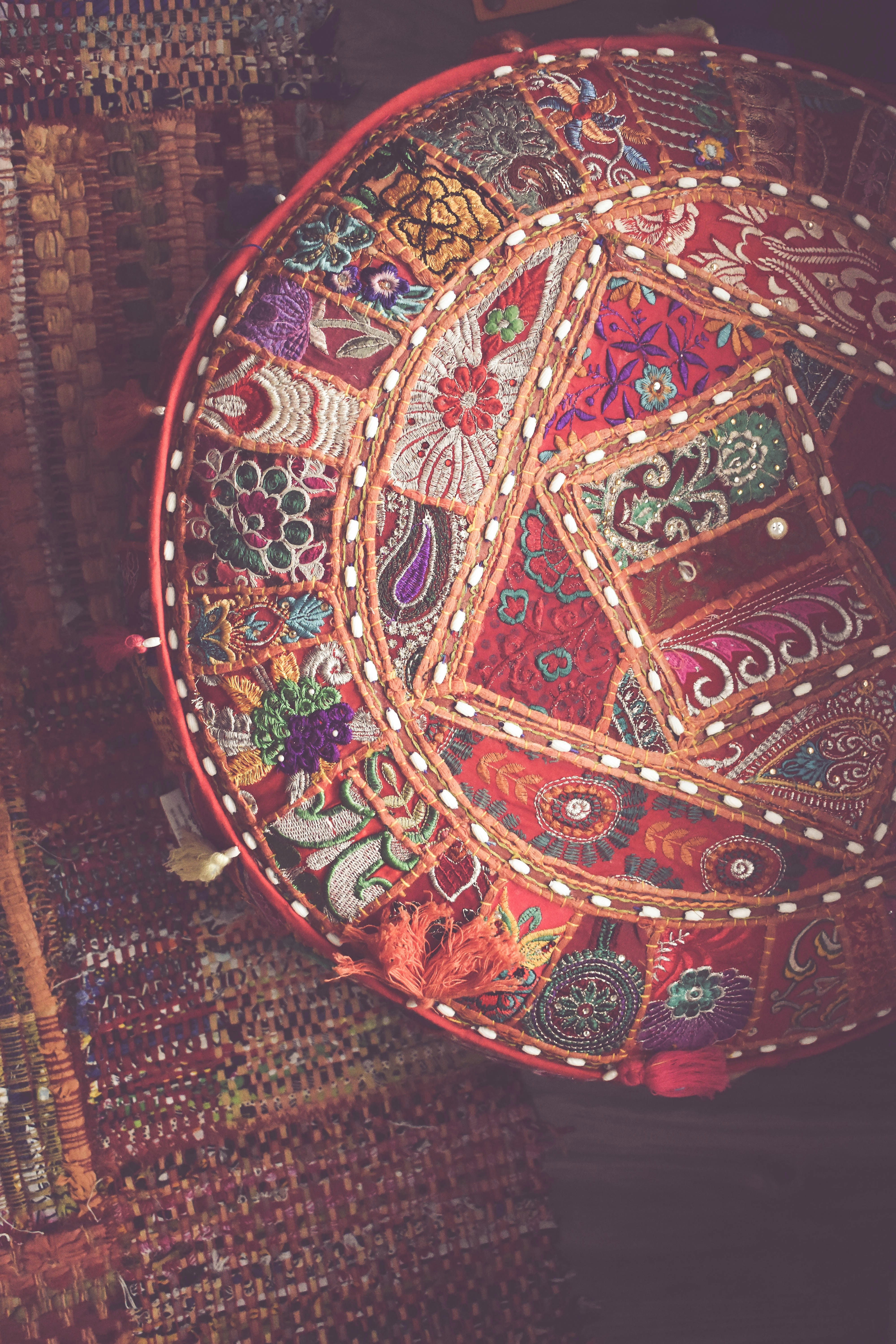 Patchwork Sphere: Embroidered Lantern in Warm Hue