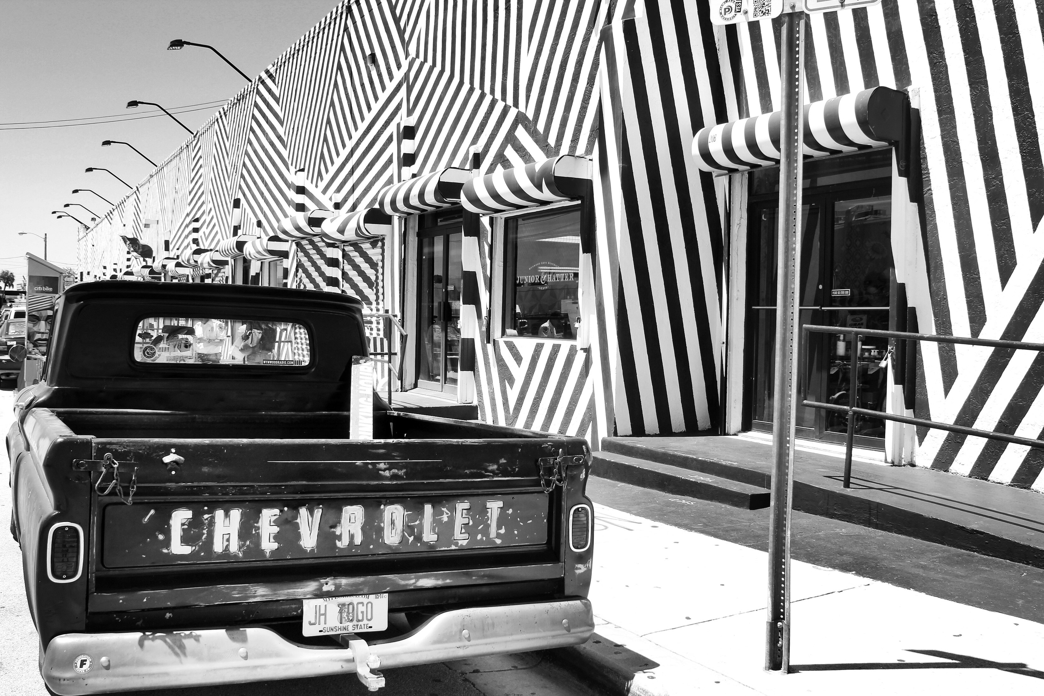 Chevron Stripes and a Chevy: A Monochrome Street Portrait