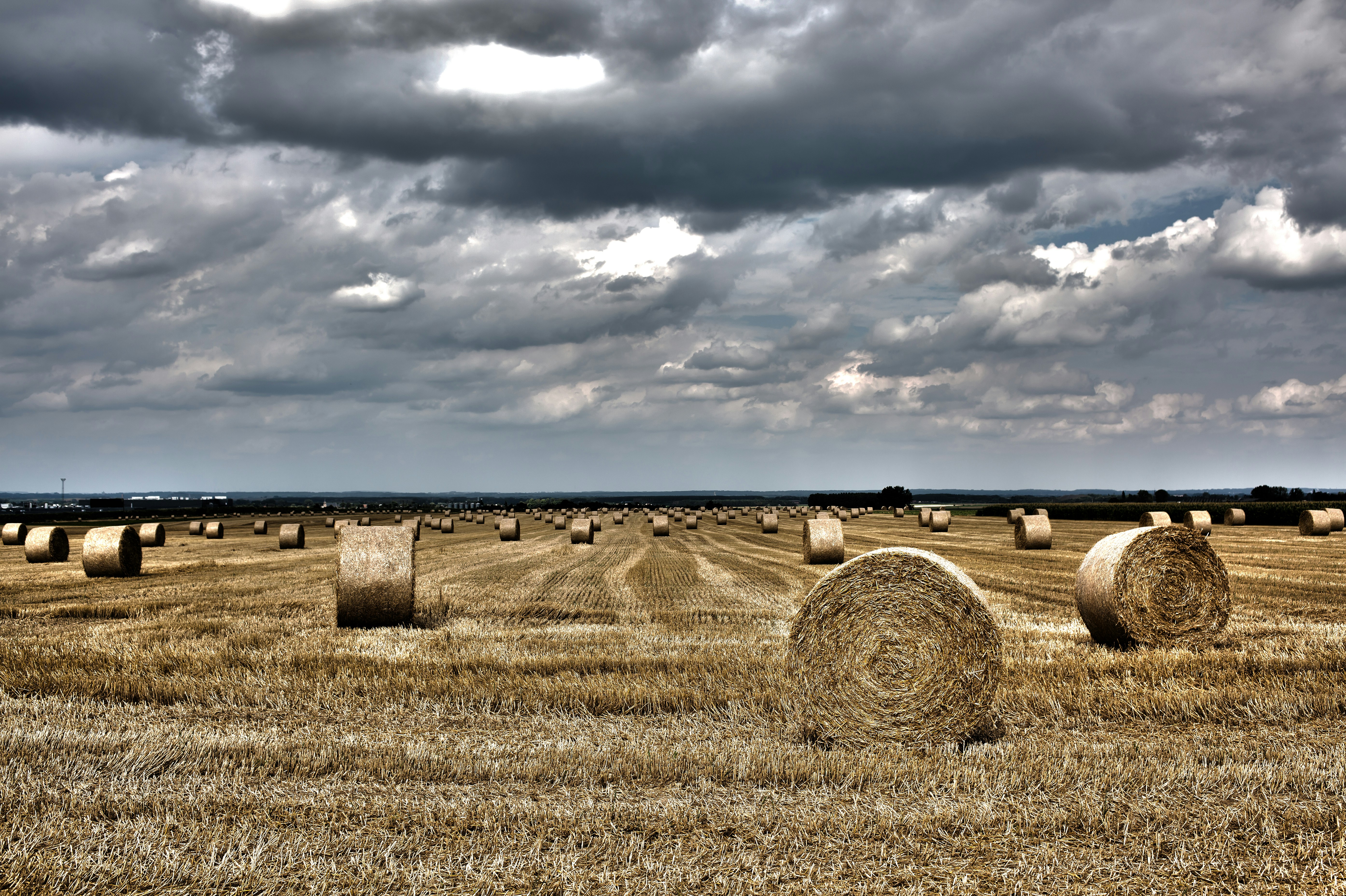 Round hay bales scattered across a vast field beneath stormy clouds.